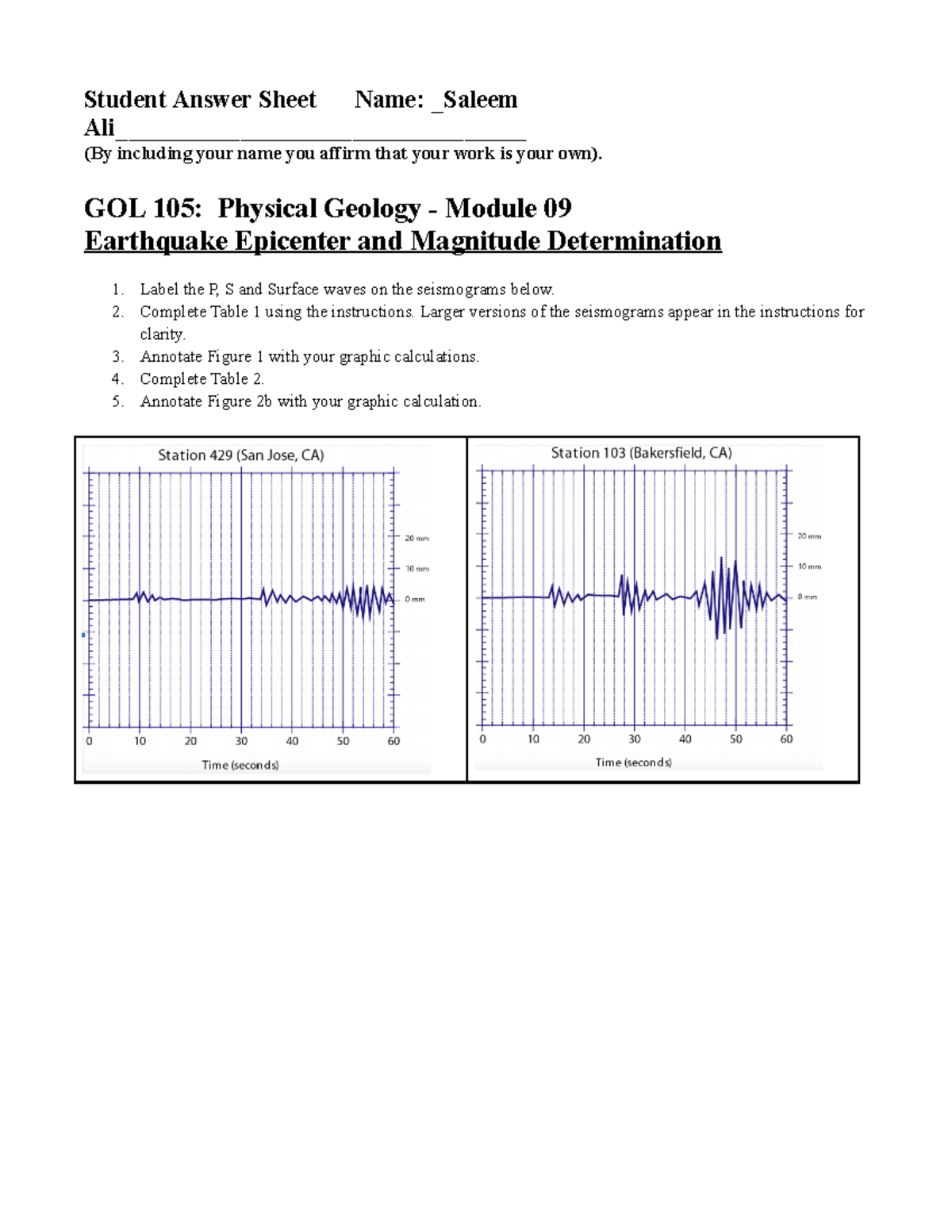 Module 09 Earthquake Lab Student Answer Sheet - Student Answer Sheet ...