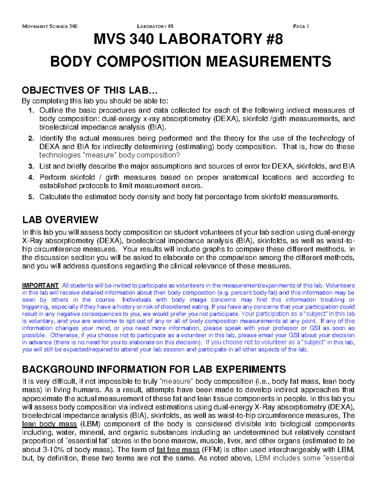 MVS340 Lab 8 - Body Comp - lab manual lab 8 - MVS 340 LABORATORY # 8 BODY COMPOSITION ...