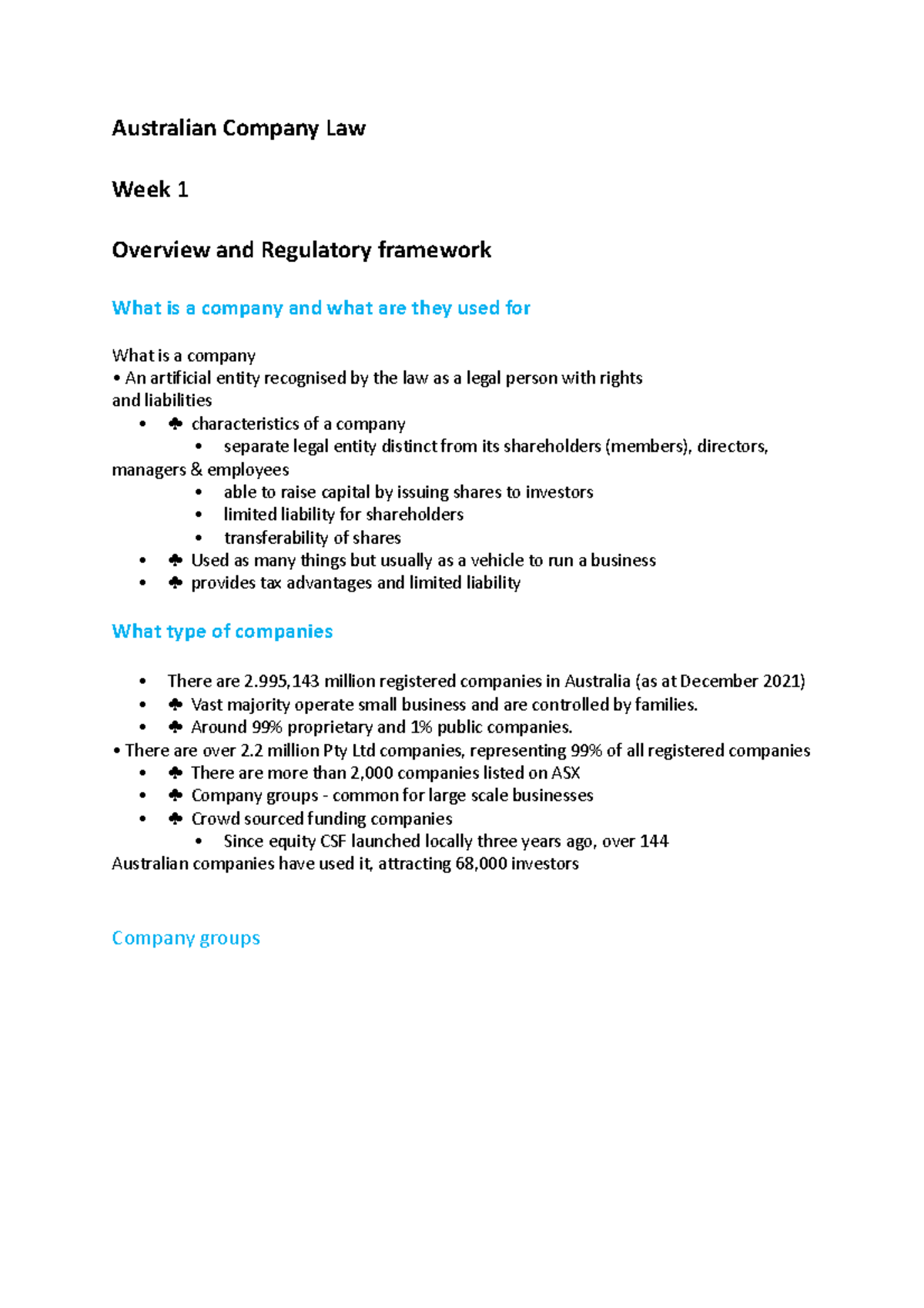 Australian Company Law notes - Australian Company Law Week 1 Overview ...