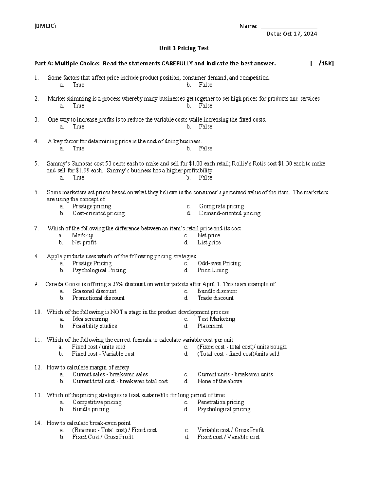 BMI3C Unit 3 Test - Marketing unit 3 test - (BMI3C) Name ...