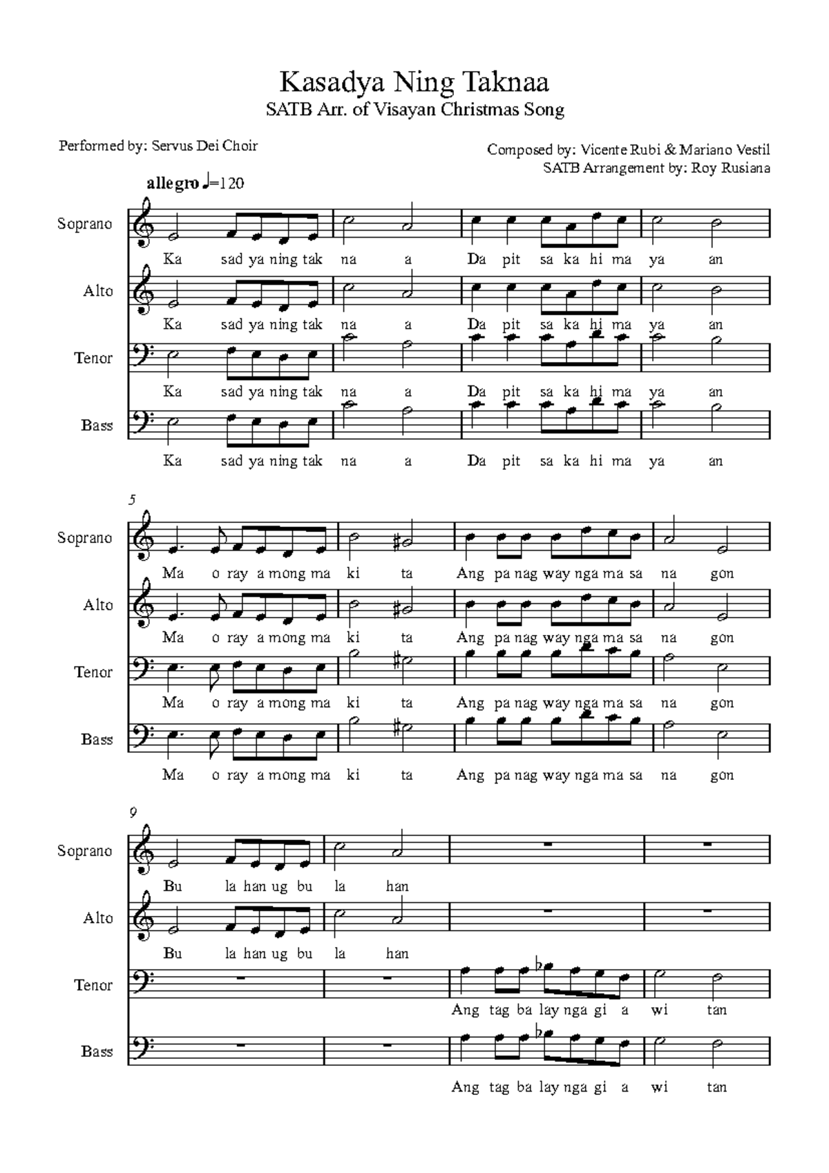 Kasadya NING Taknaa - SDC - Soprano Alto Tenor Bass Ka sad ya ning tak na a Da pit sa ka hi ma ...