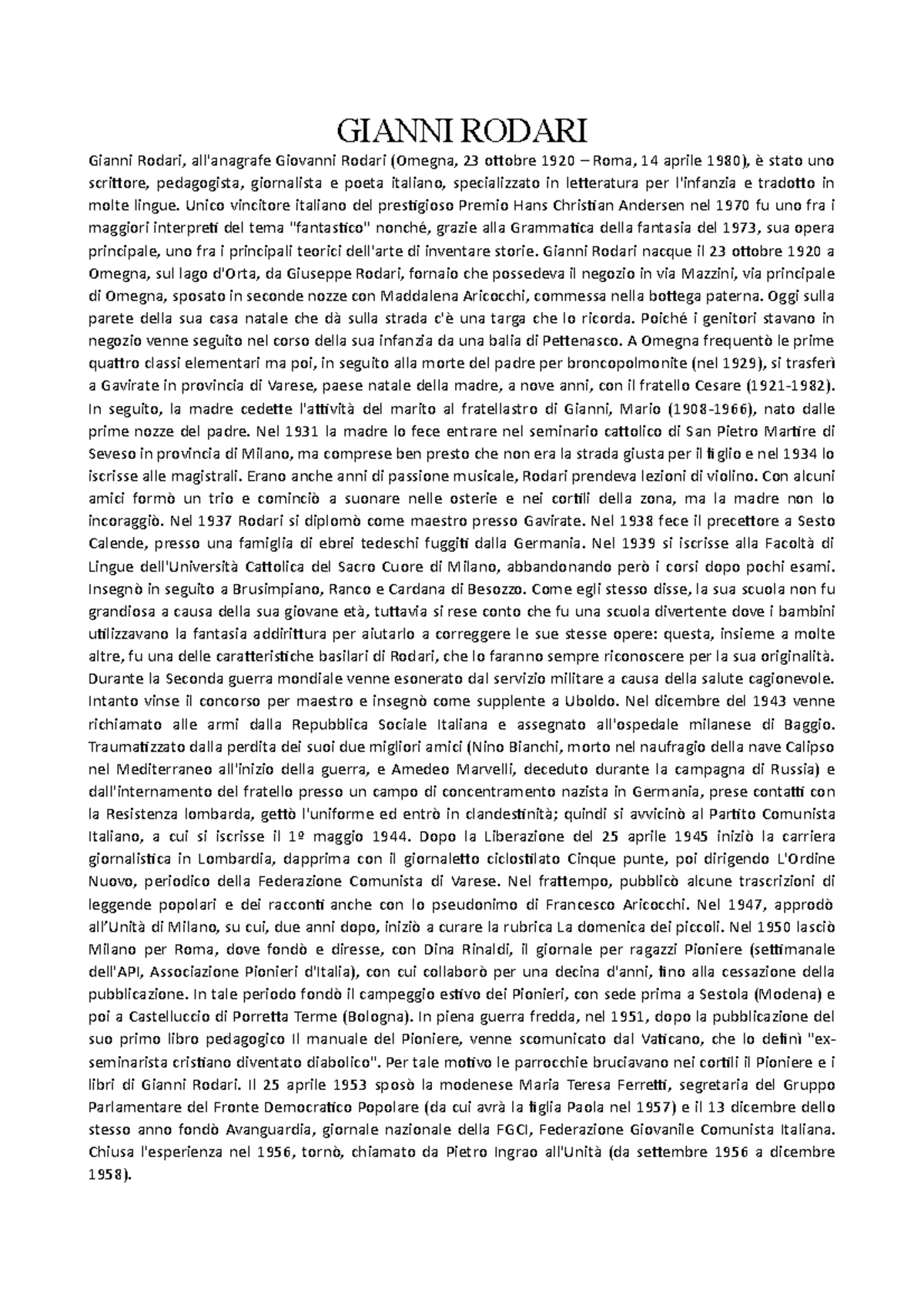 Gianni Rodari - Biografia - GIANNI RODARI Gianni Rodari, all'anagrafe ...