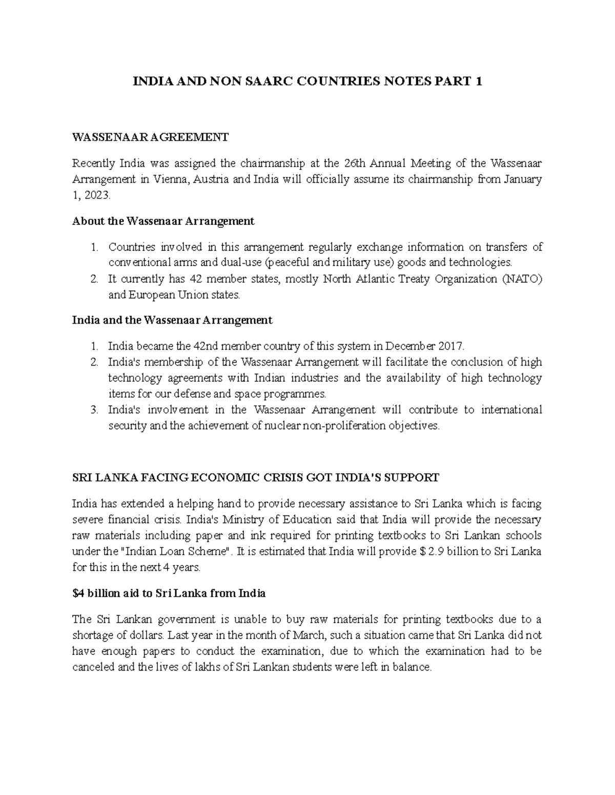 India AND NON SAARC Countries Notes PART 1 - INDIA AND NON SAARC ...