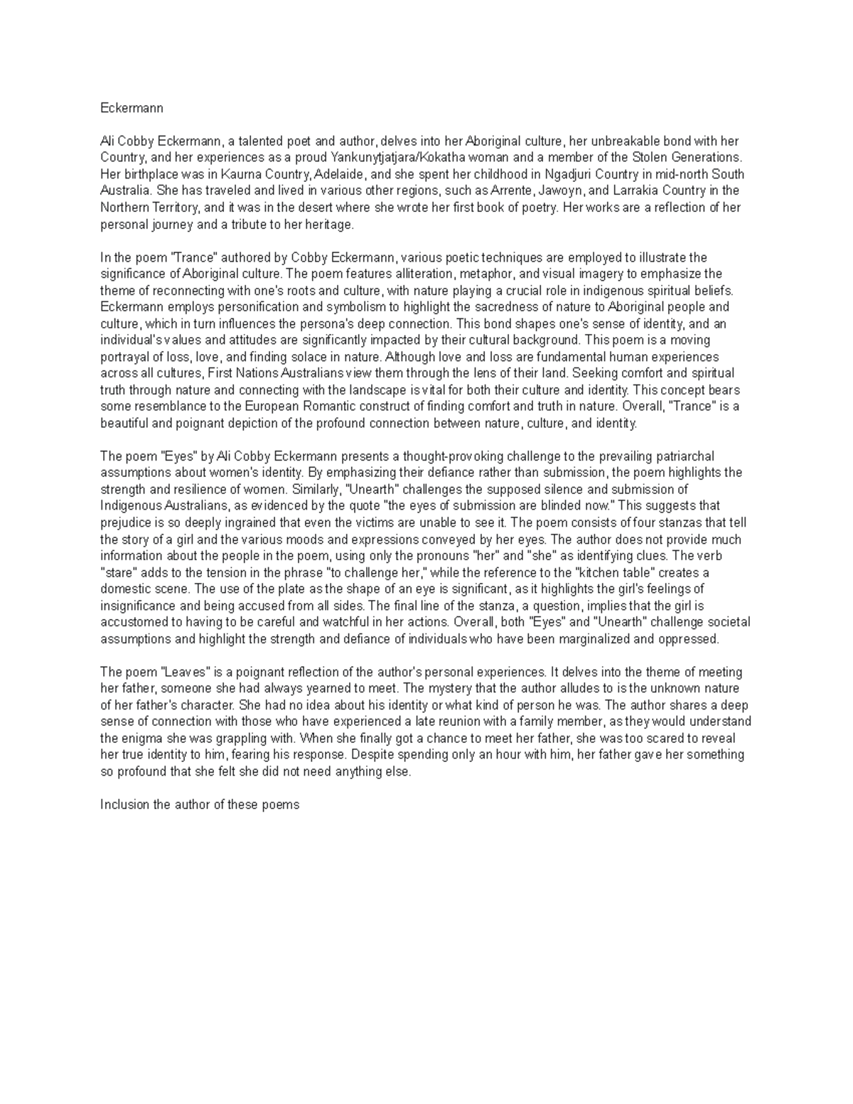 English assignment - used - Eckermann Ali Cobby Eckermann, a talented poet and author, delves ...