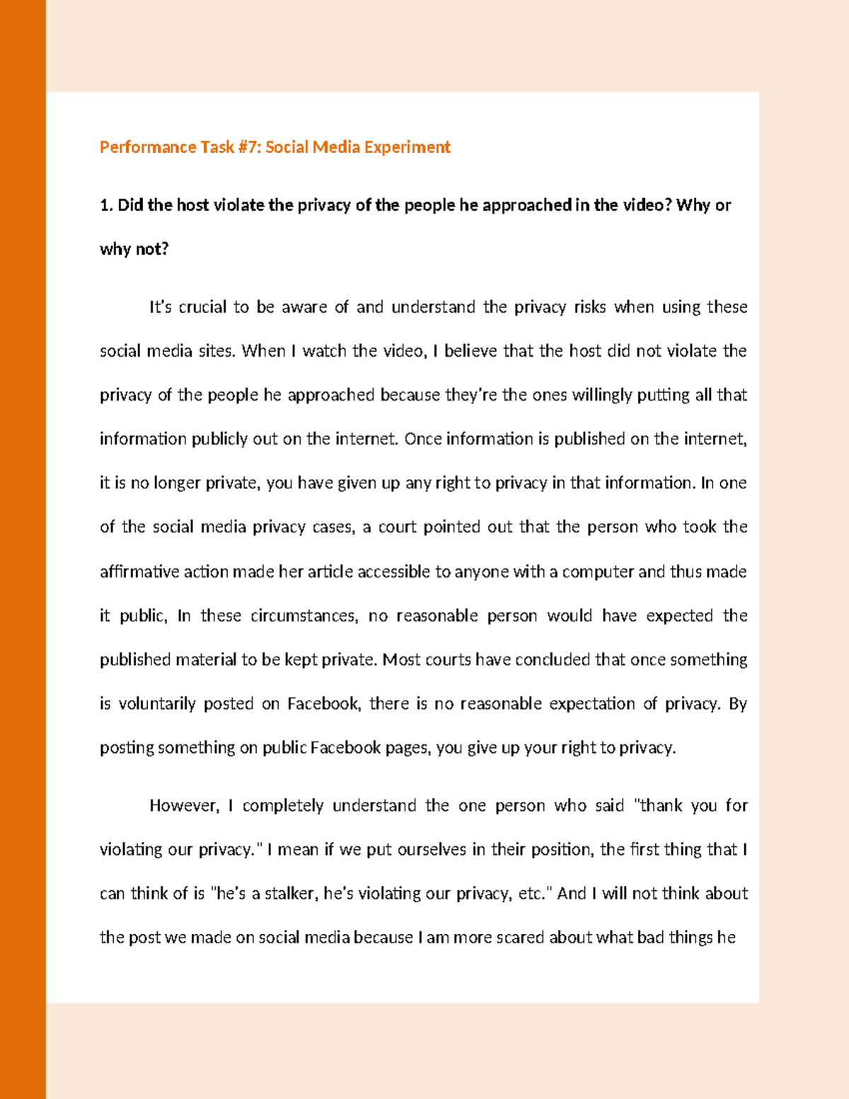 Performance Task - Media - Performance Task #7: Social Media Experiment ...