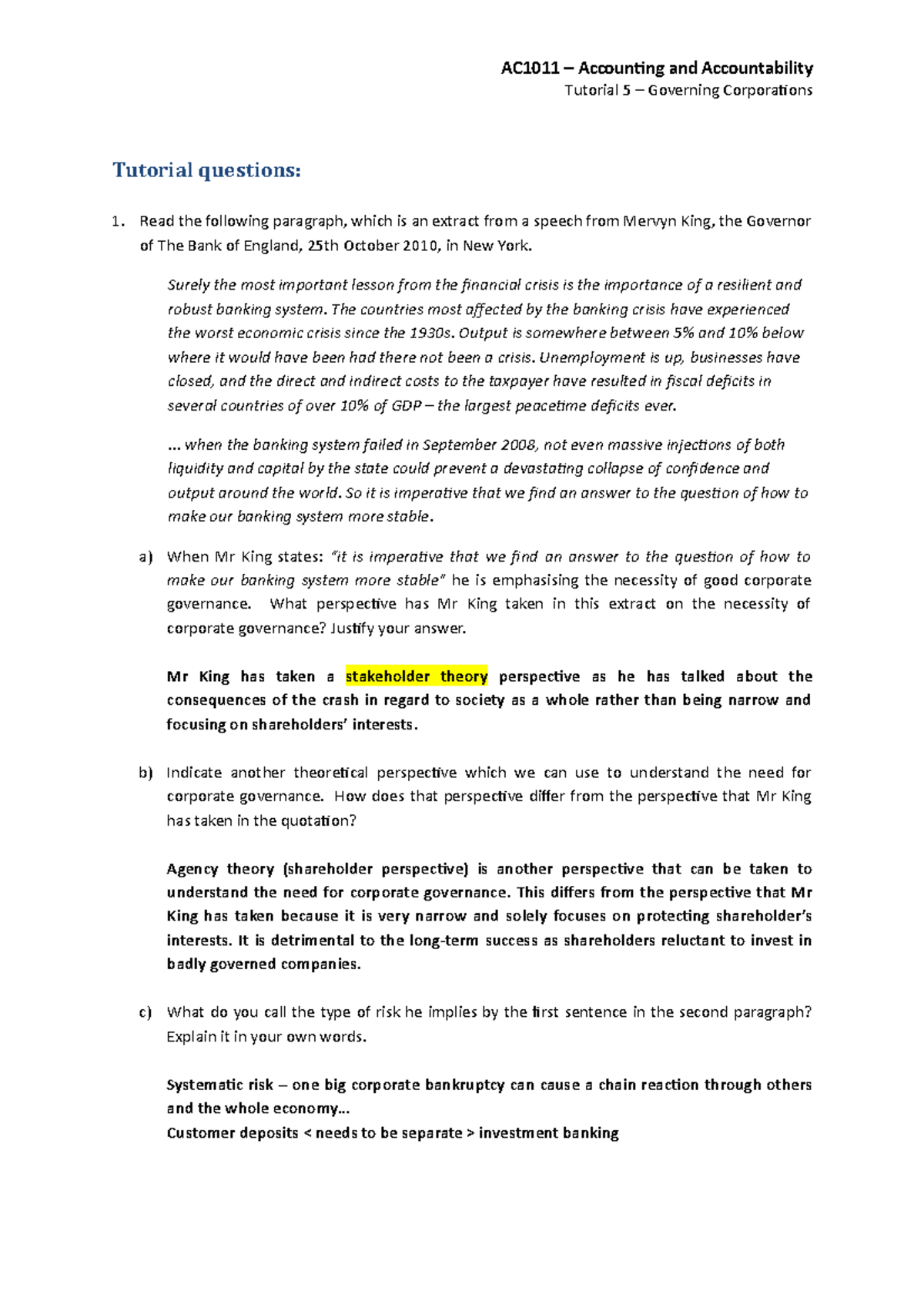 AC1011 tutorial 5 - AC1011 – Accounting and Accountability Tutorial 5 ...