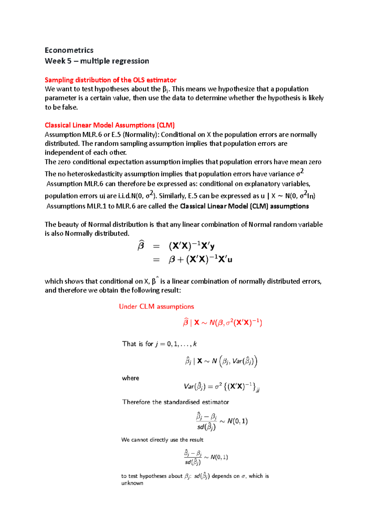 Econometrics w5 - Lecture notes 5 - Econometrics Week 5 – multiple ...