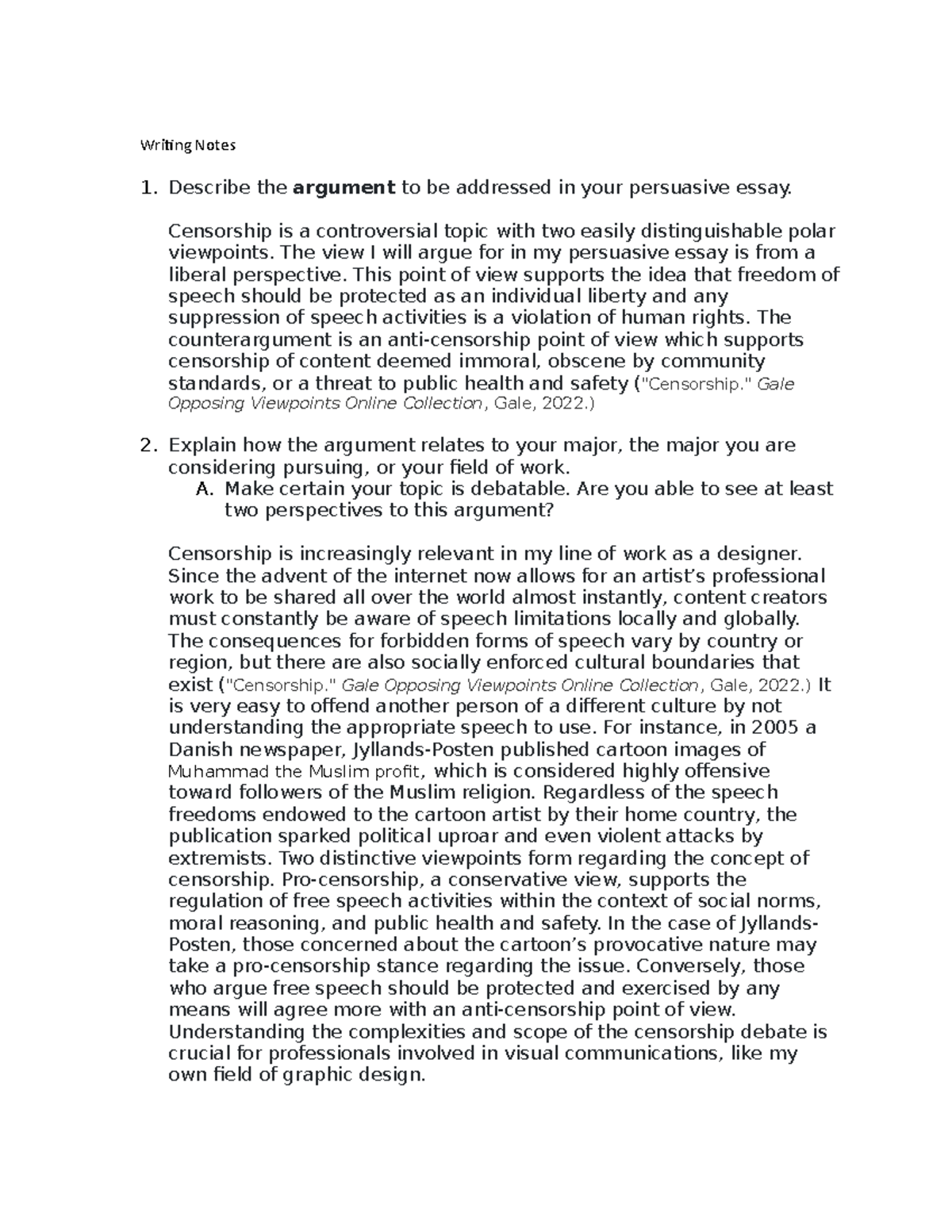 Writing Notes Jan 22 - Writing Notes Describe the argument to be ...
