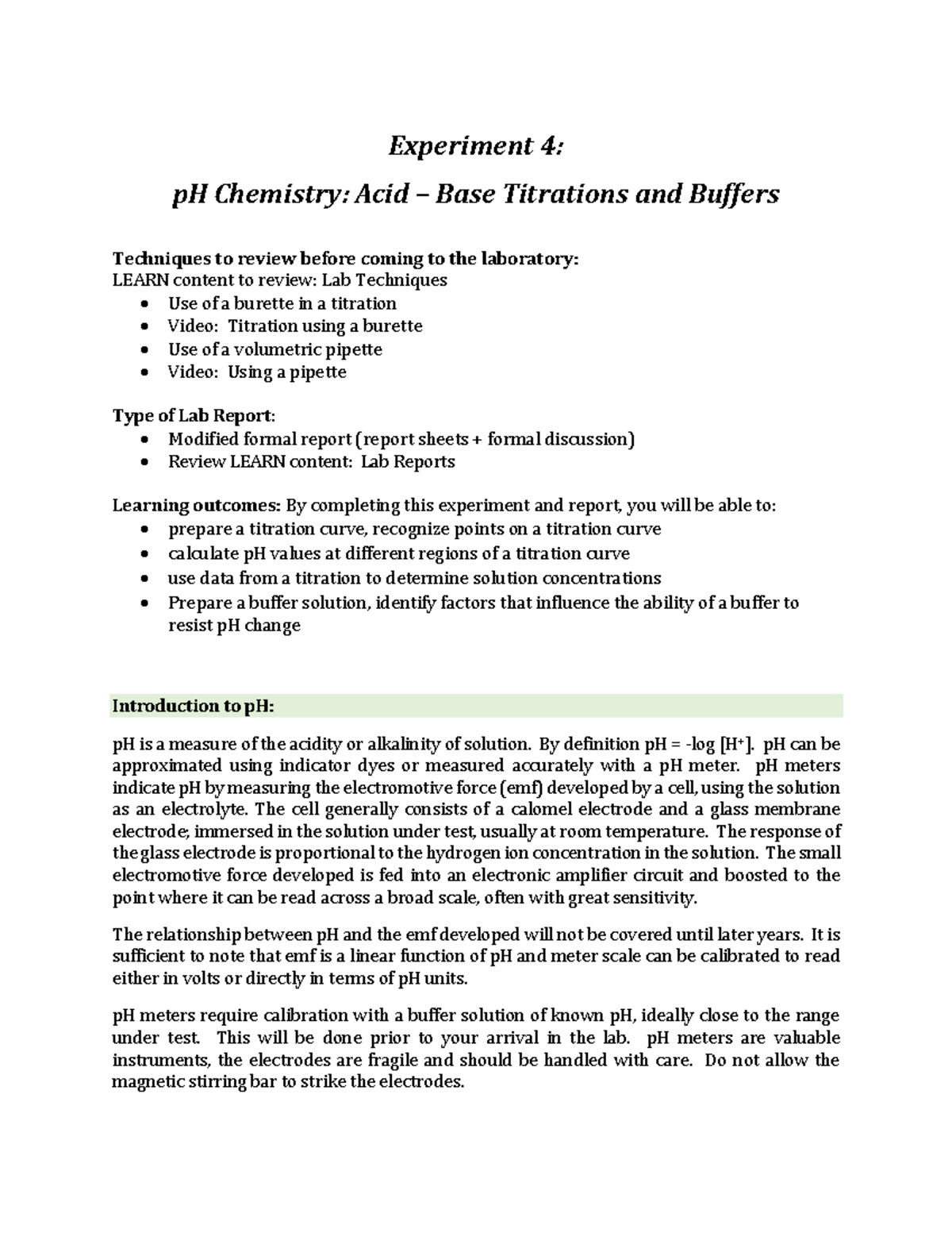 Experiment 4 pH chemistry background and procedure - Experiment 4: pH ...