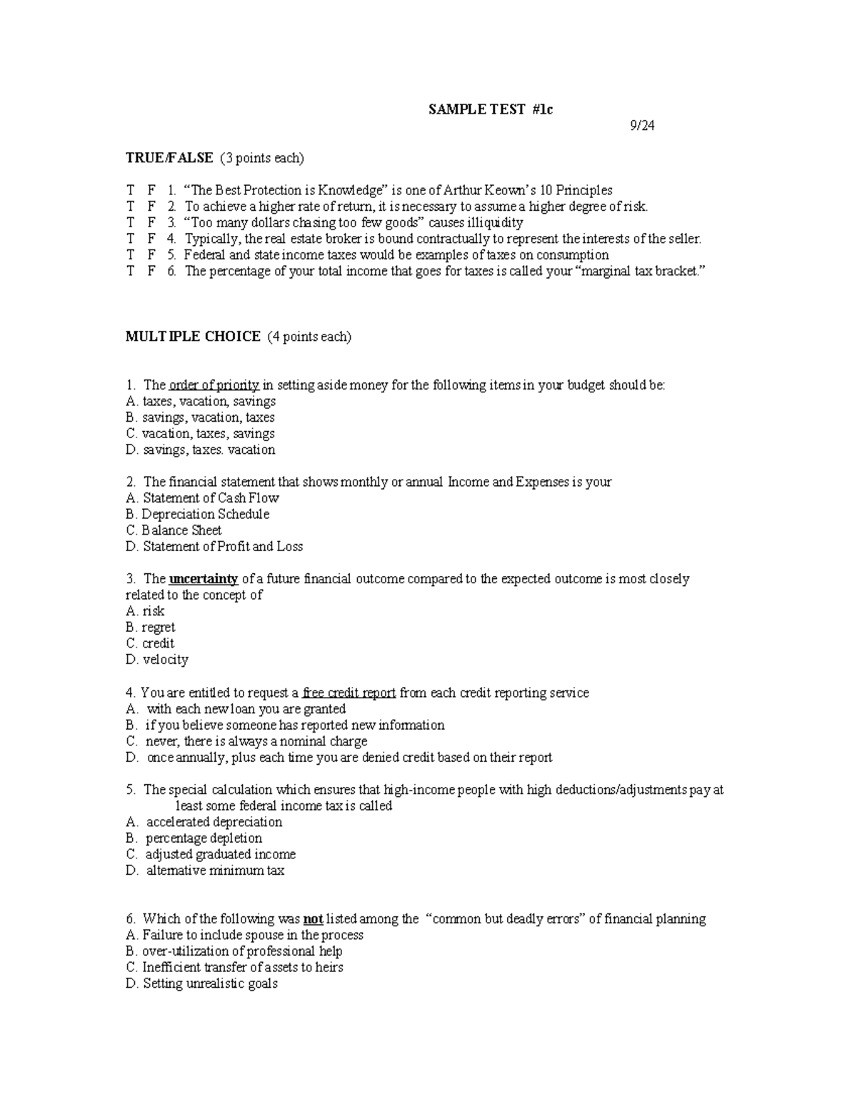 Sample Test #1c - practice test - SAMPLE TEST #1c 9/ TRUE/FALSE (3 ...