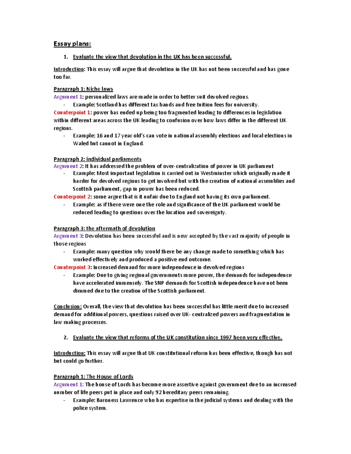 Essay plans for devolution and constitutional reform - Essay plans: Evaluate the view that - Studocu