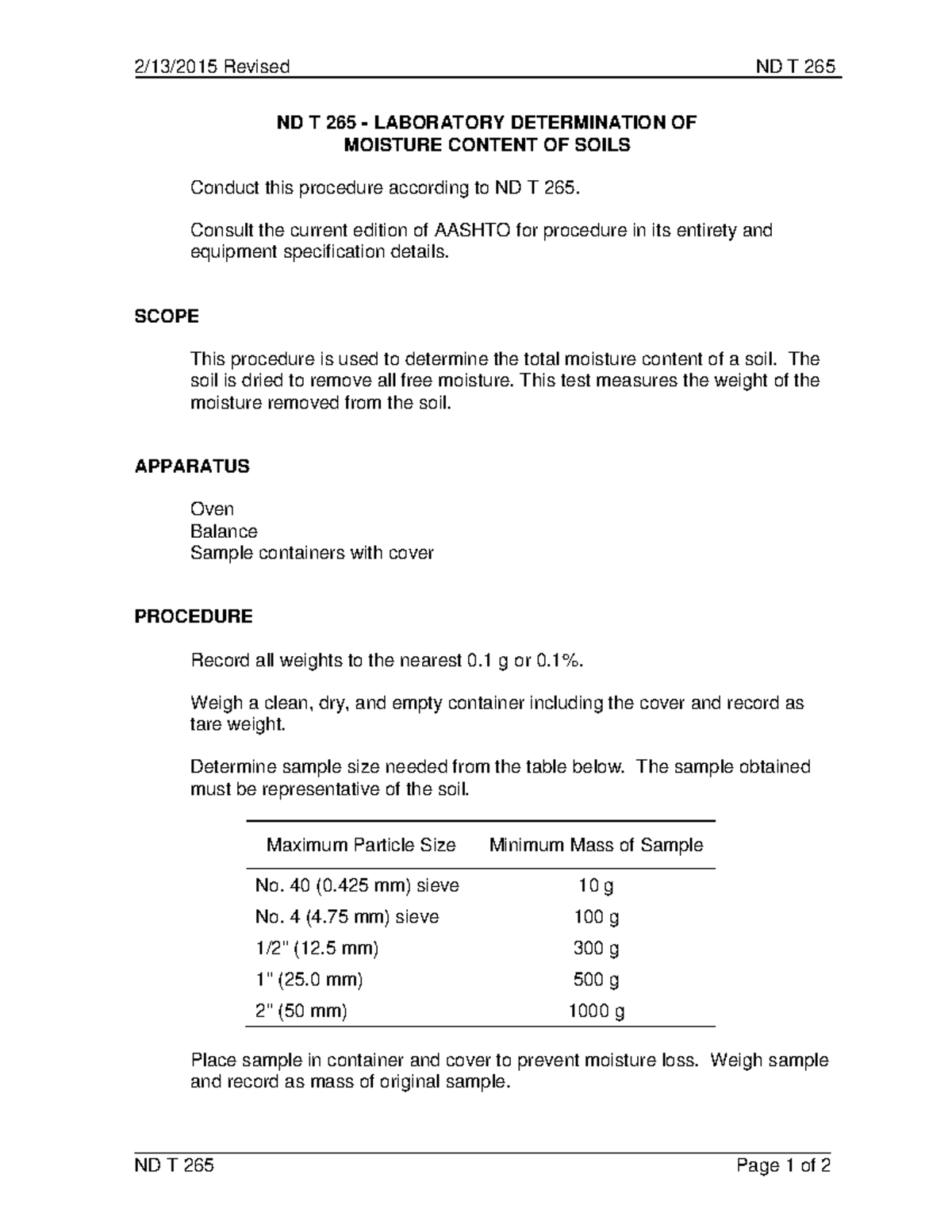 Aashto T265 - Moisture Content OF Soils - 2/13/2015 Revised ND T 265 ...