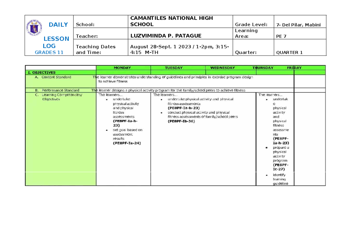 Daily Lesson LOG Q1 PE WK1 - Physical Education (SPORTS) - DAILY LESSON ...