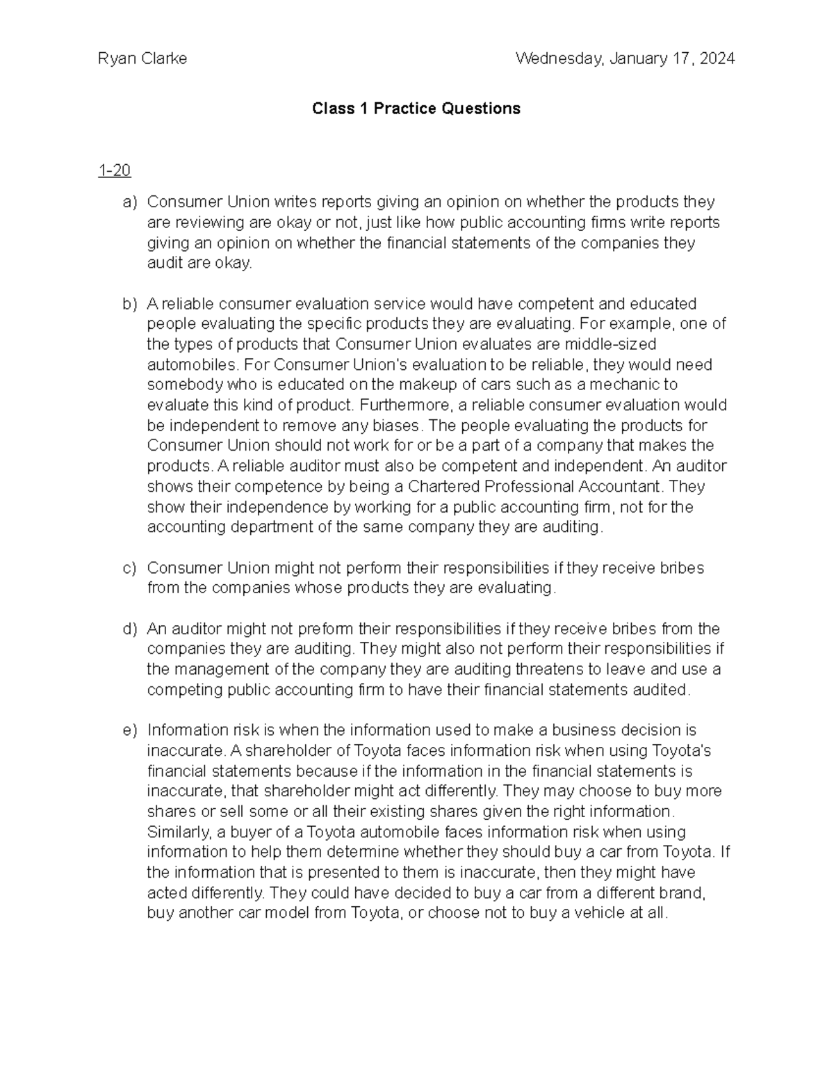 Class 1 Practice Questions - Ryan Clarke Wednesday, January 17, 2024 Class 1 Practice Questions ...