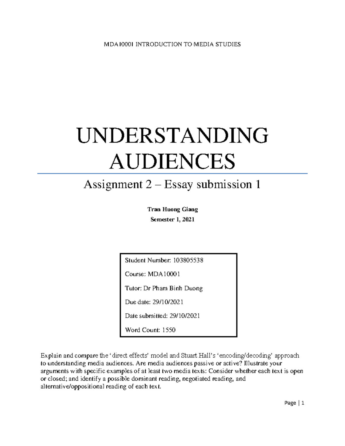 Assignment 2 - essay submission 1 - MDA10001 INTRODUCTION TO MEDIA ...