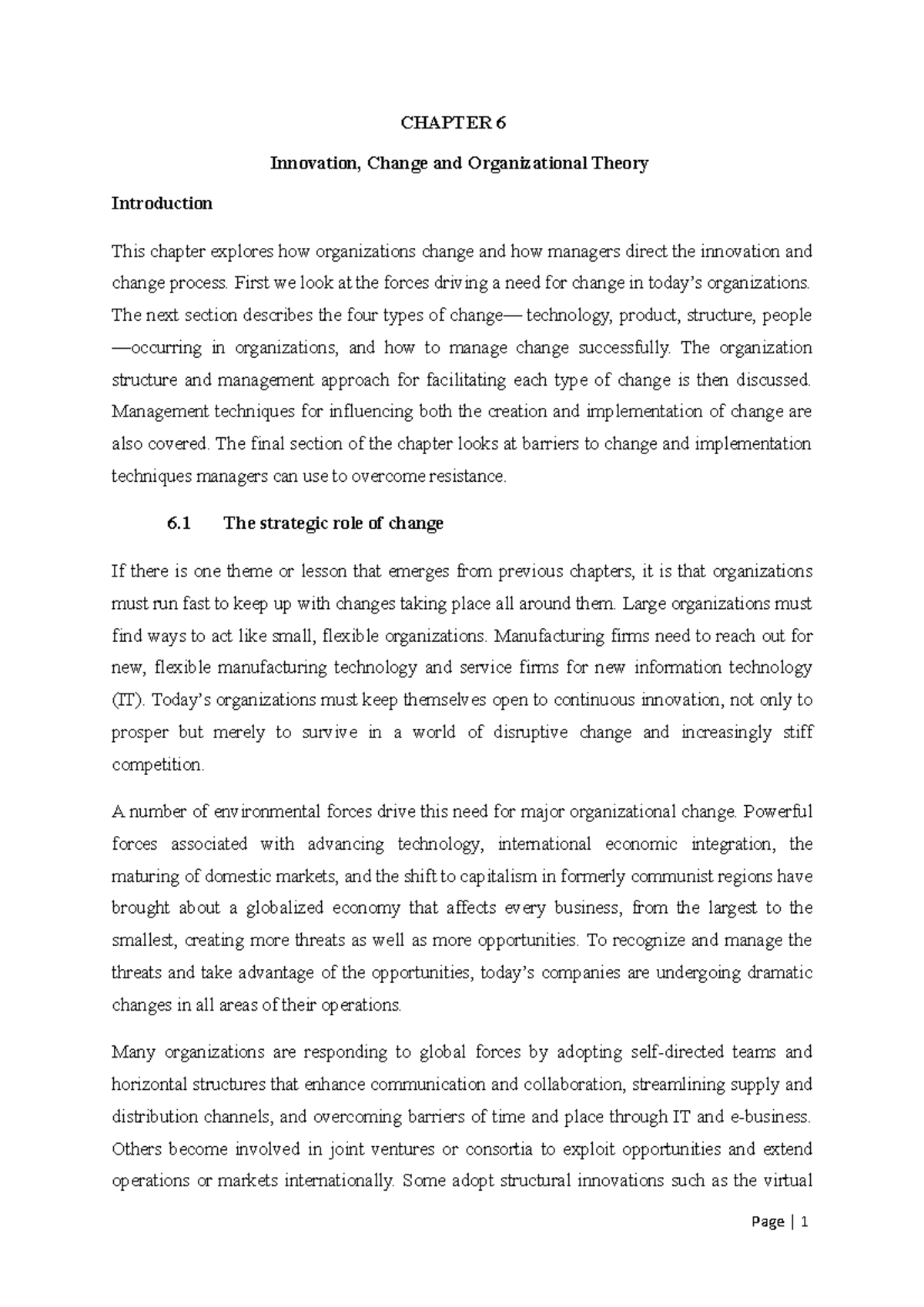 Chapter 6 - management - CHAPTER 6 Innovation, Change and ...