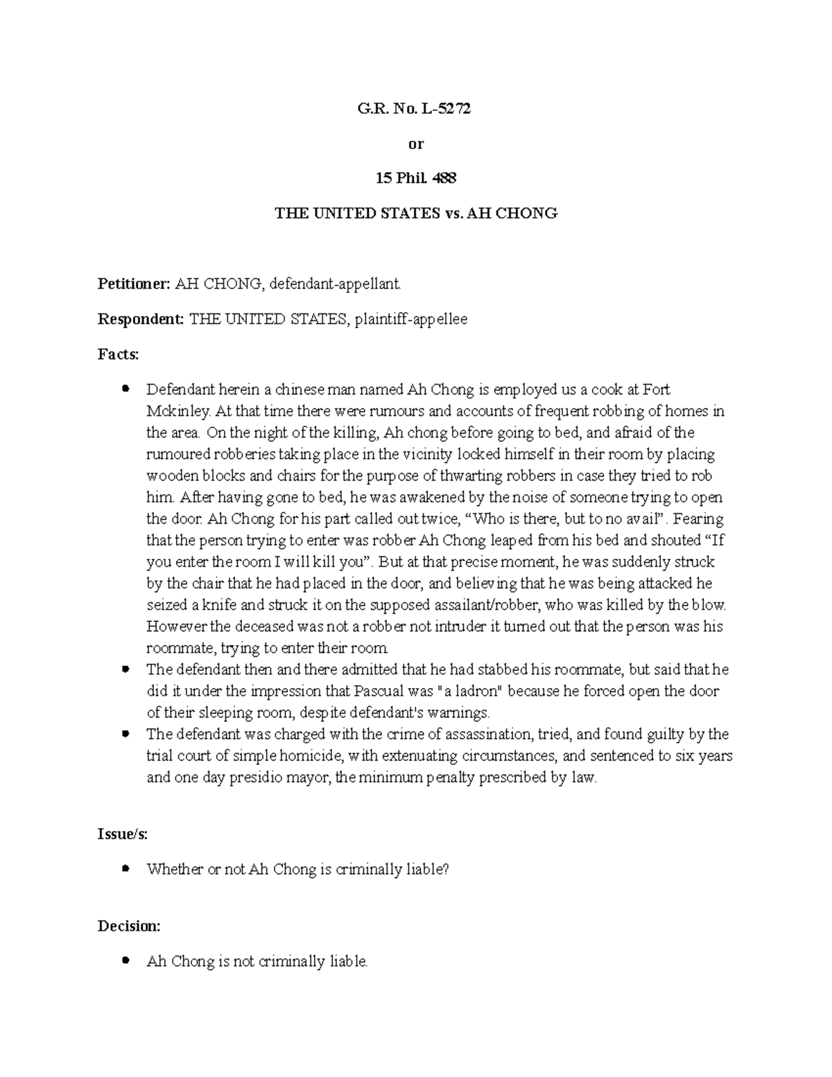 G.R. L-5272 or 15 Phil. 488 - THE United States vs. AH Chong - G. No. L ...