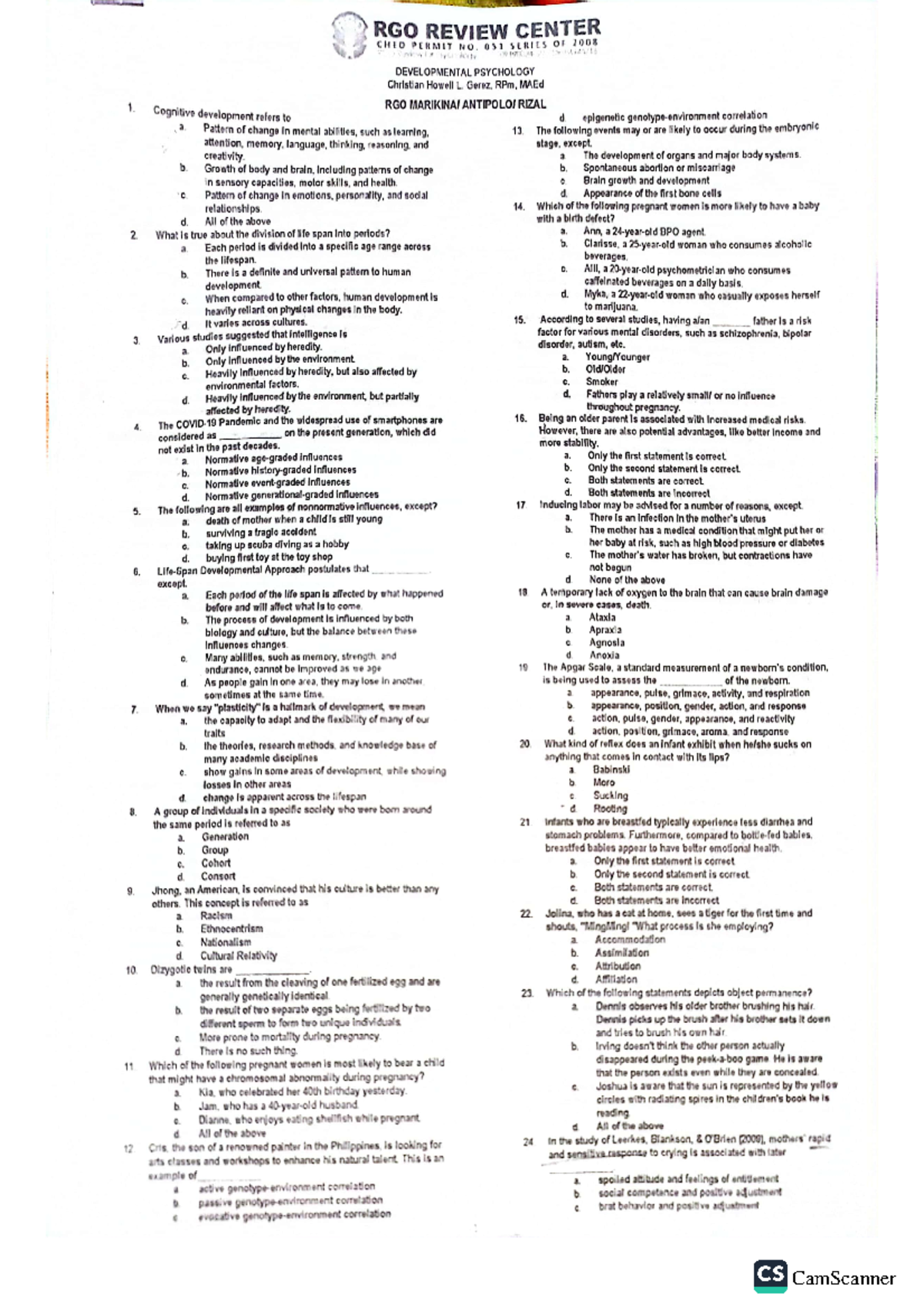 Dev Psych Enhancement - RGO REVIEW CENTER CHED PERMIT NO. 051 SERIES OF ...