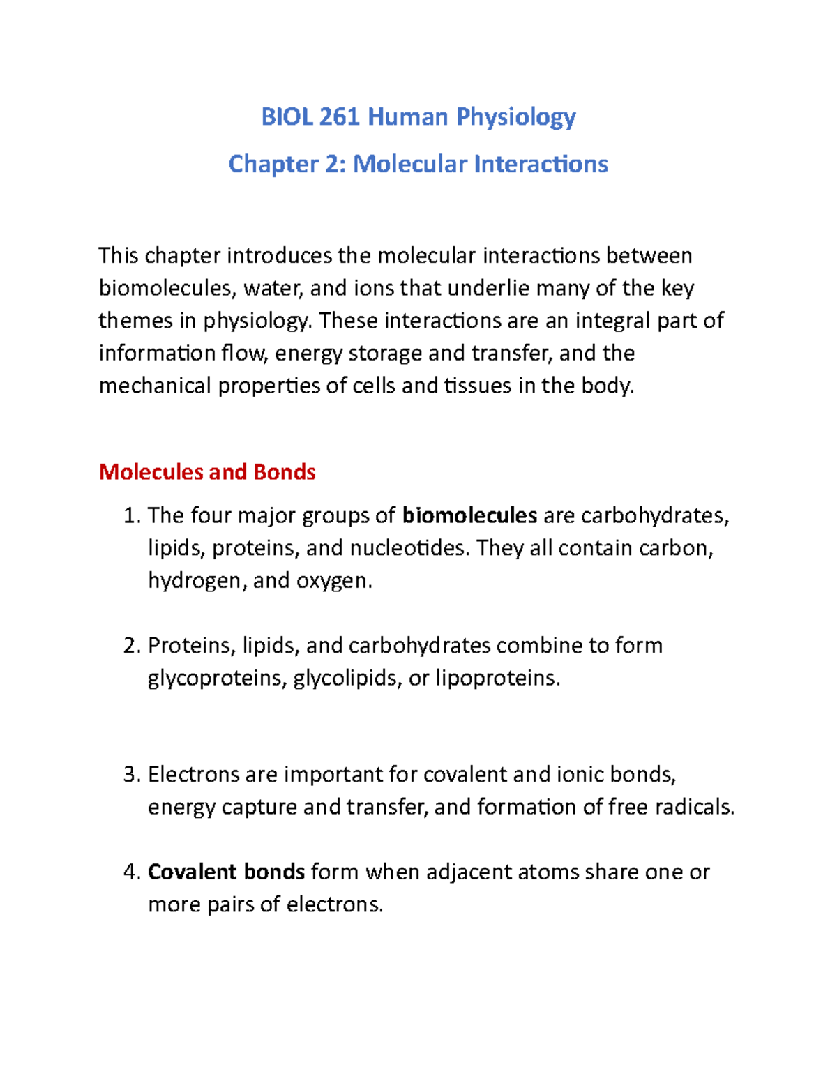 BIOL 261 Human Physiology Ch 2 (Notes) - BIOL 261 Human Physiology ...