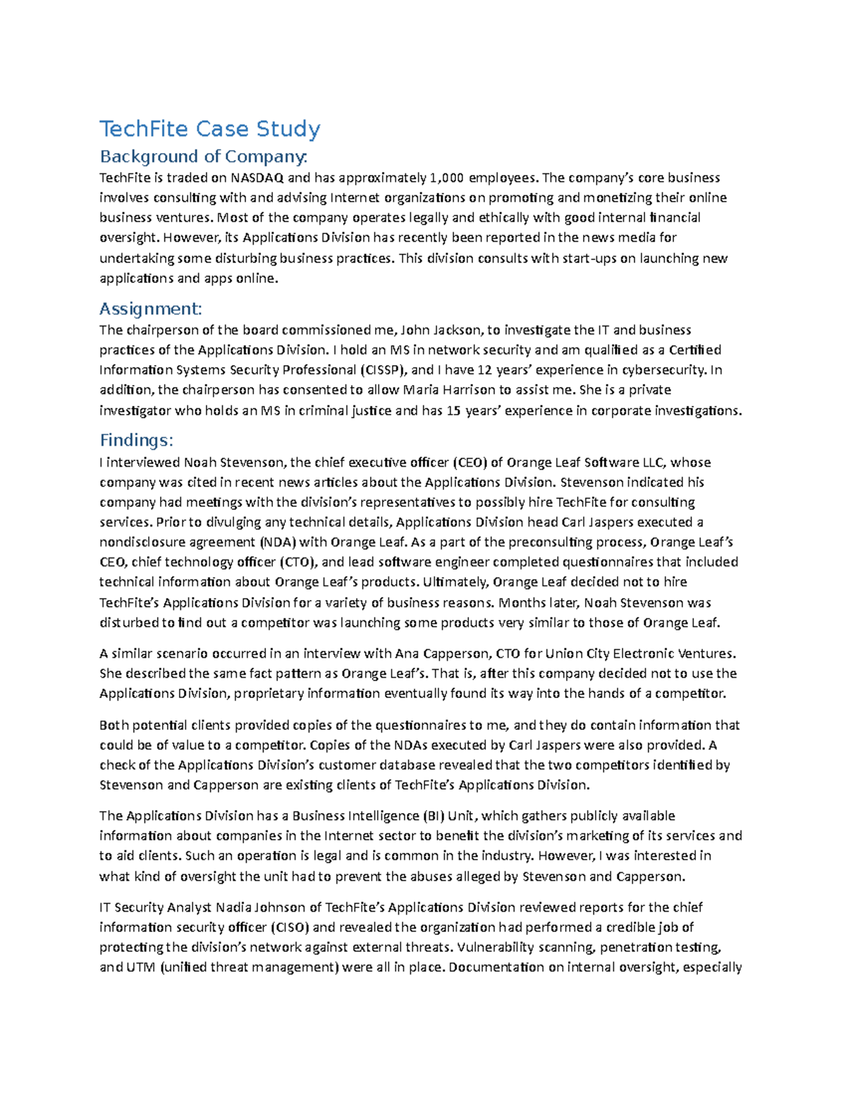 Tech Fite Case Study - Task outline - TechFite Case Study Background of ...