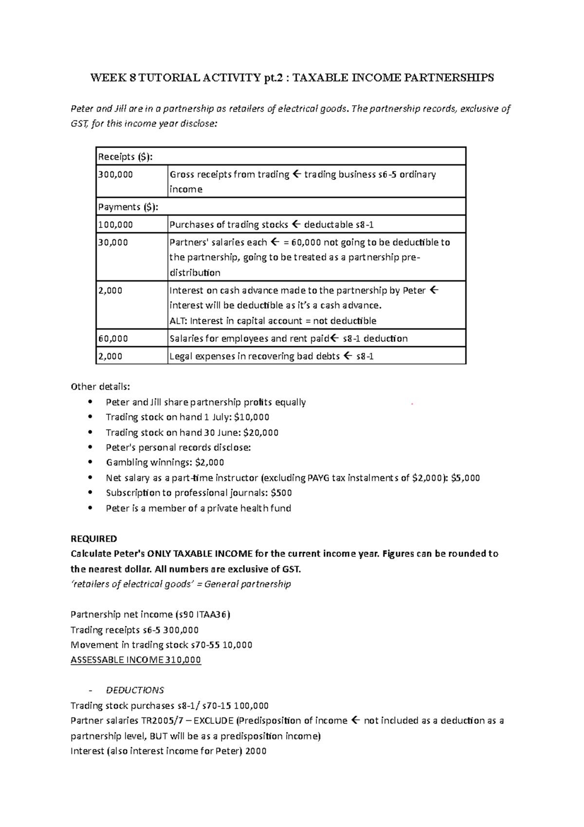 Week 8 Tutorial Activity - Taxable Income Partnership - WEEK 8 TUTORIAL ACTIVITY pt : TAXABLE ...