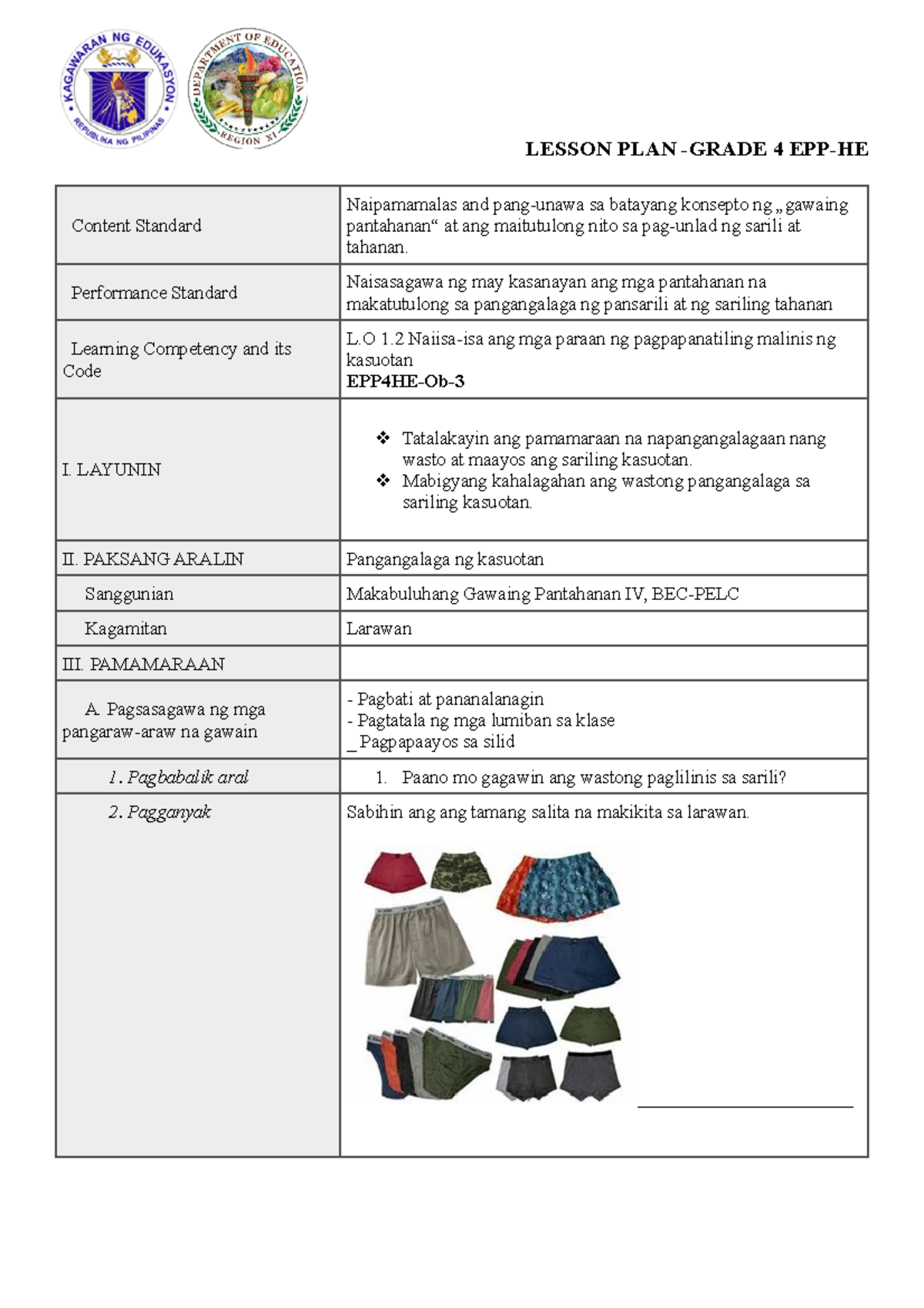 Lesson-PLAN-malazarte - LESSON PLAN -GRADE 4 EPP-HE Content Standard Naipamamalas and pang-unawa ...