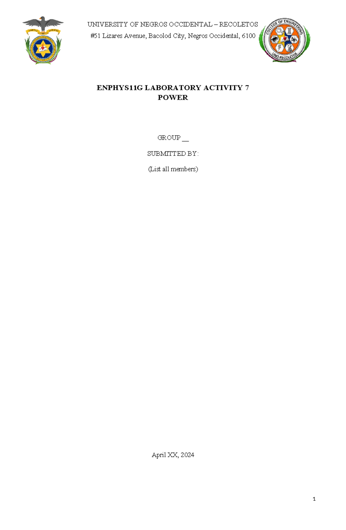 Enphys 11G Lab Activity 7 Power - UNIVERSITY OF NEGROS OCCIDENTAL – RECOLETOS #51 Lizares Avenue ...