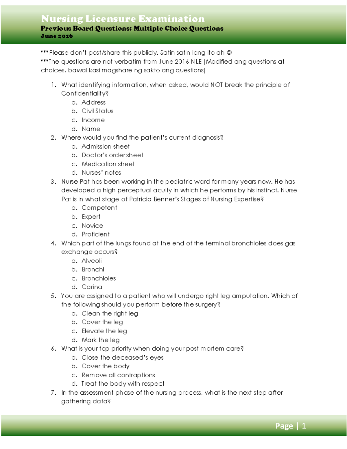 JUNE 2016 Board EXAM - Nursing Review - Previous Board Questions ...