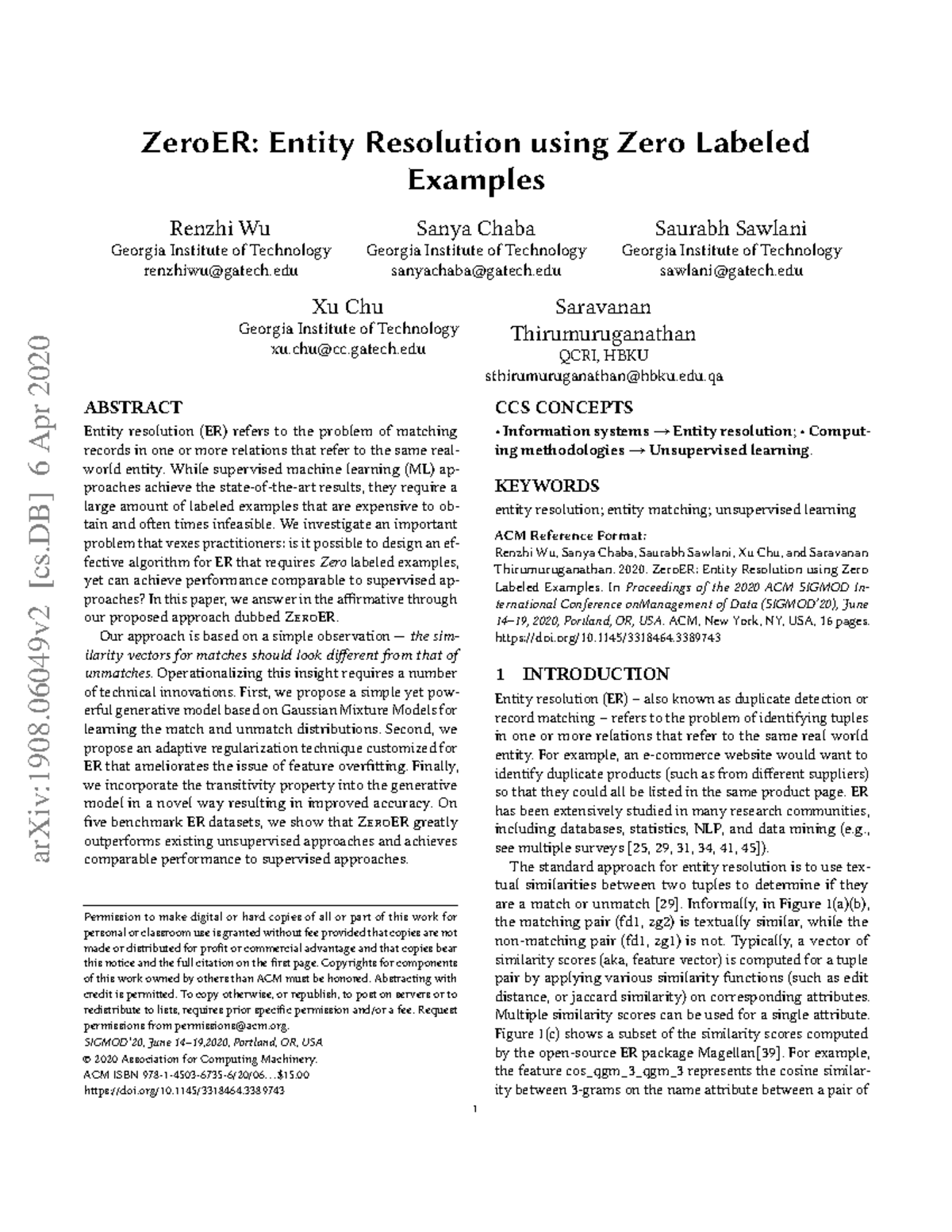 Paper - ZeroER: Entity Resolution using Zero Labeled Examples Renzhi Wu ...