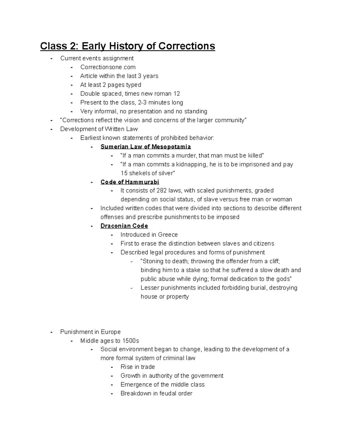 Class 2 Early History of Corrections - Class 2: Early History of ...