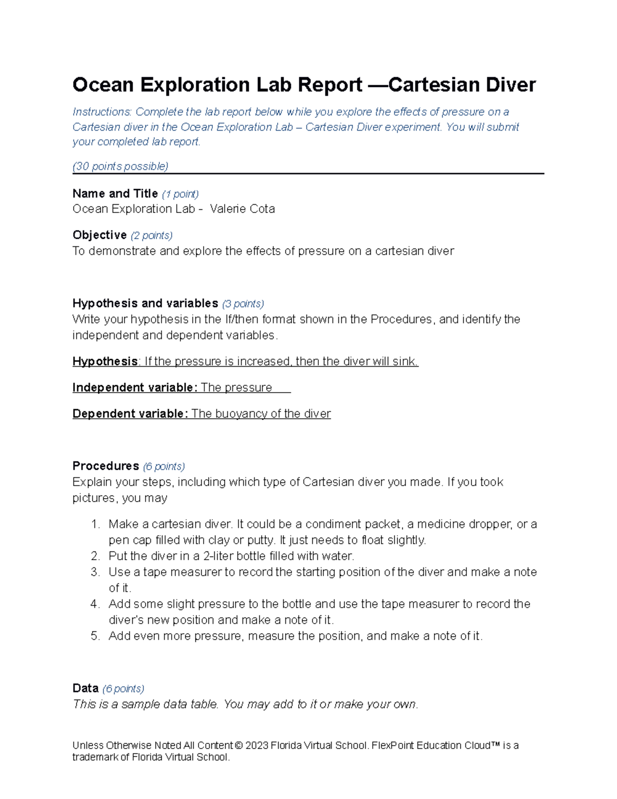 Cartesian Diver Lab Report - Ocean Exploration Lab Report —Cartesian ...