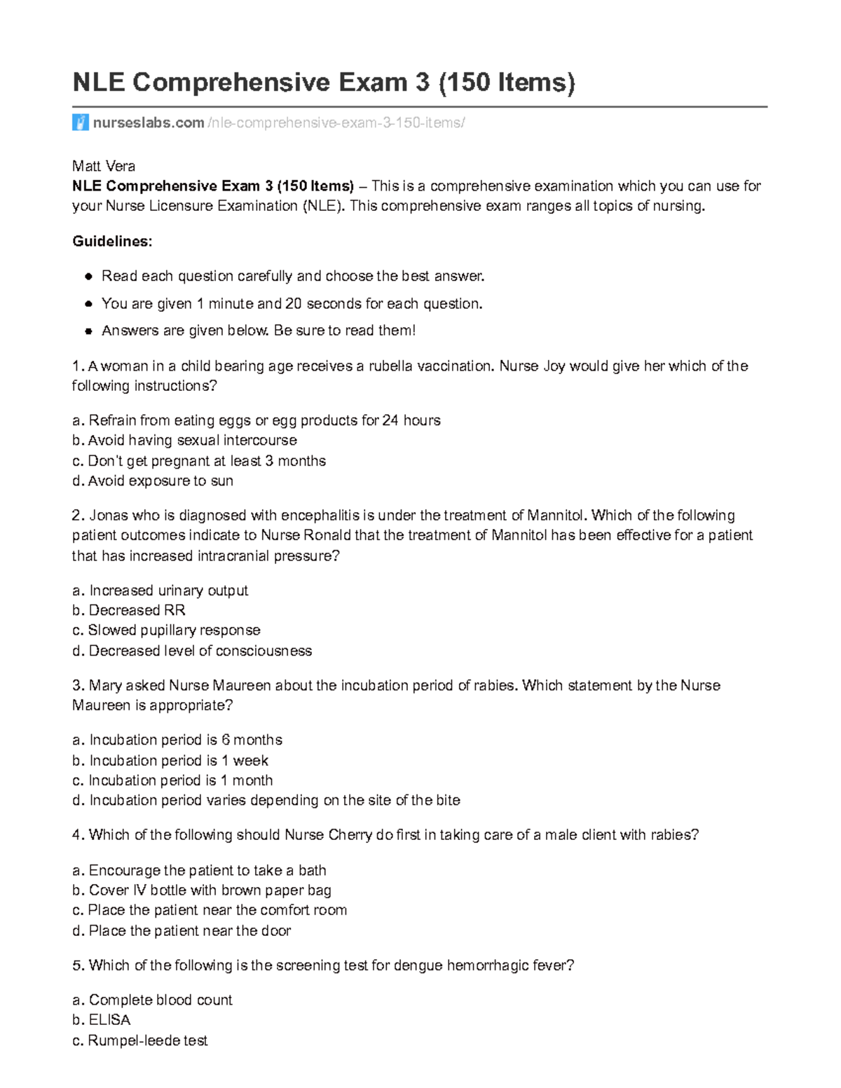 Nurselab Comp Exam 150 - infdo - NLE Comprehensive Exam 3 ( 150 Items ...