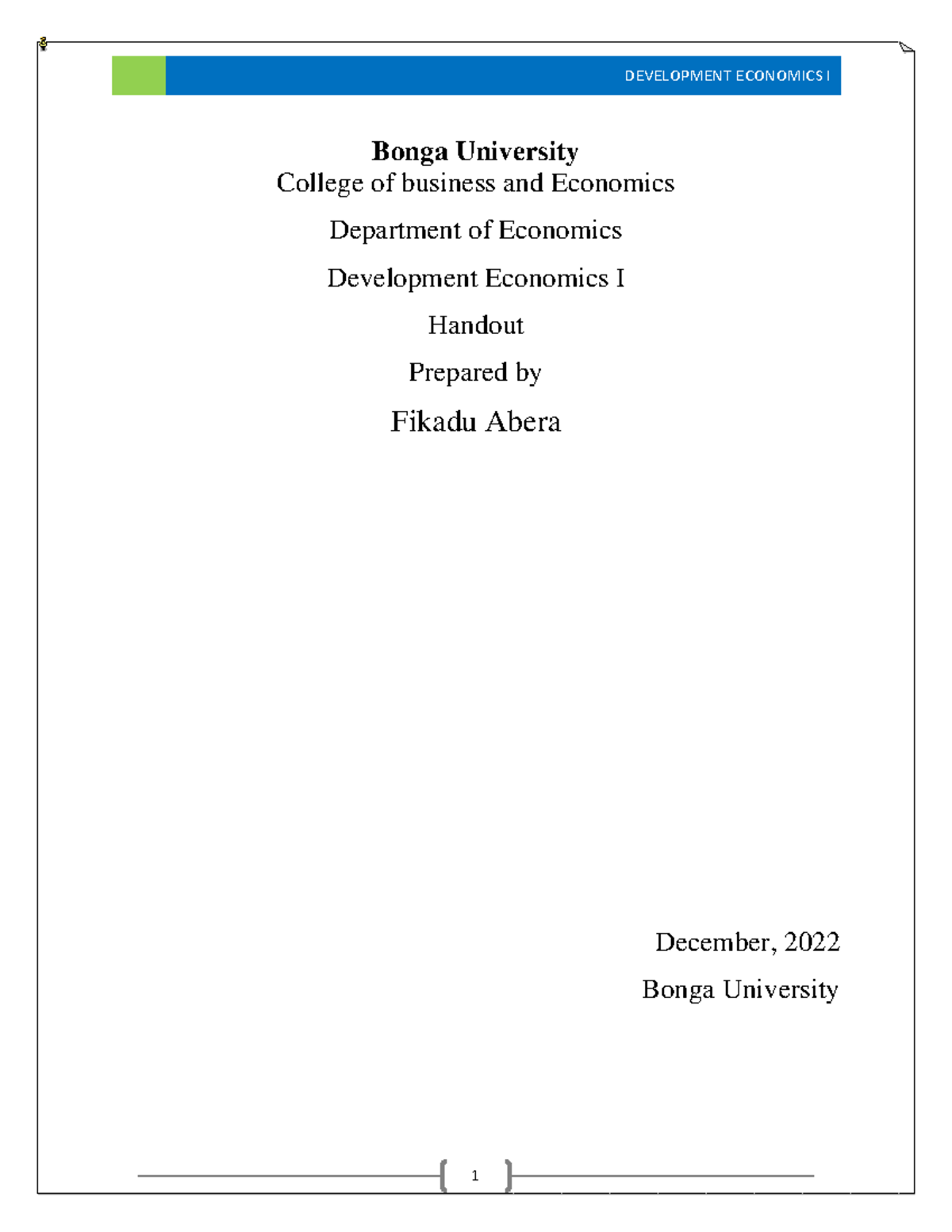 Development Economics I (n) - Bonga University College of business and ...