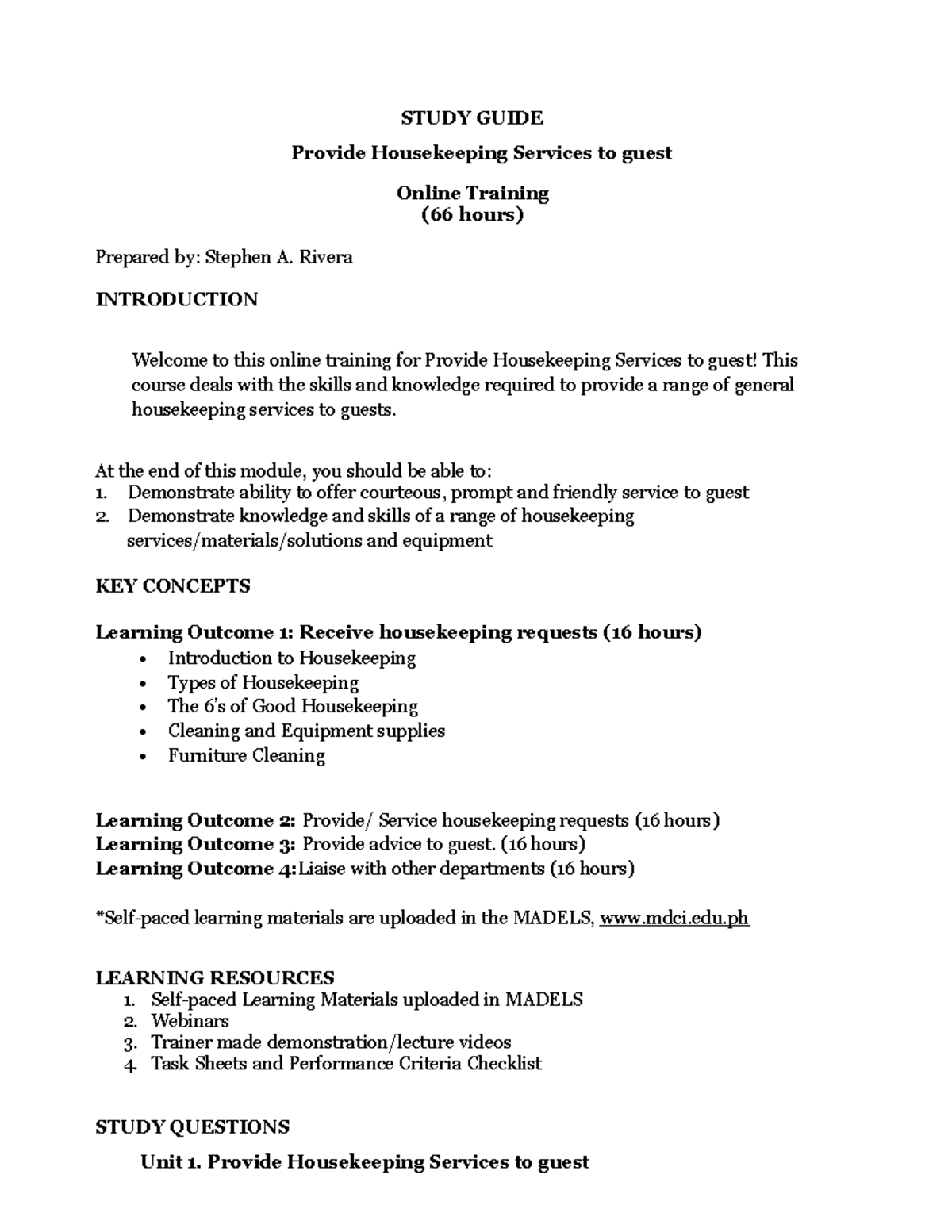 Study-Guide-Template Rivera - STUDY GUIDE ProvideHousekeeping Services ...