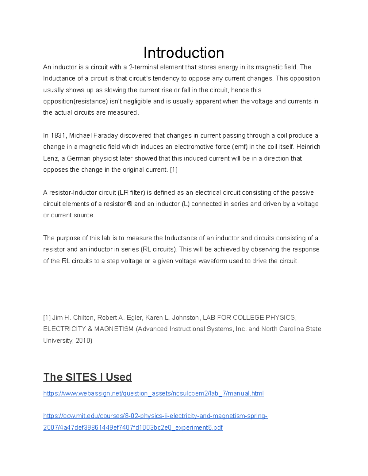 Introduction Lab Report Introduction An Inductor Is A Circuit With A 2 Terminal Element That