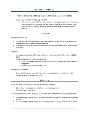 Criminal Damage Summary Sheet - Criminal Damage Act 1971 Two offences ...
