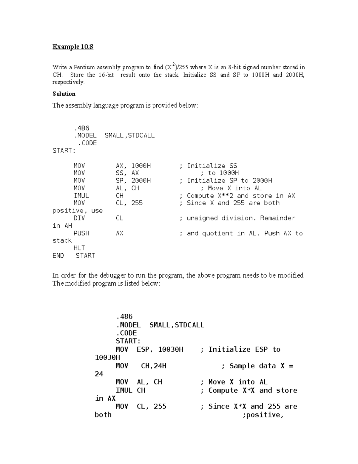 Ex 10.8 - Solution - Example 10. Write a Pentium assembly program to find (X 2 )/255 where X is ...