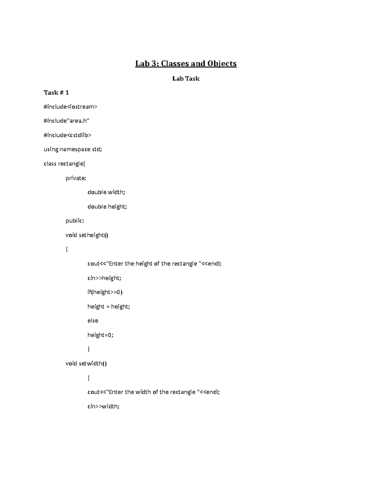 Hasnain ,Ali 2208-2021 - Lab 3: Classes and Objects Lab Task Task # 1 #include - Studocu