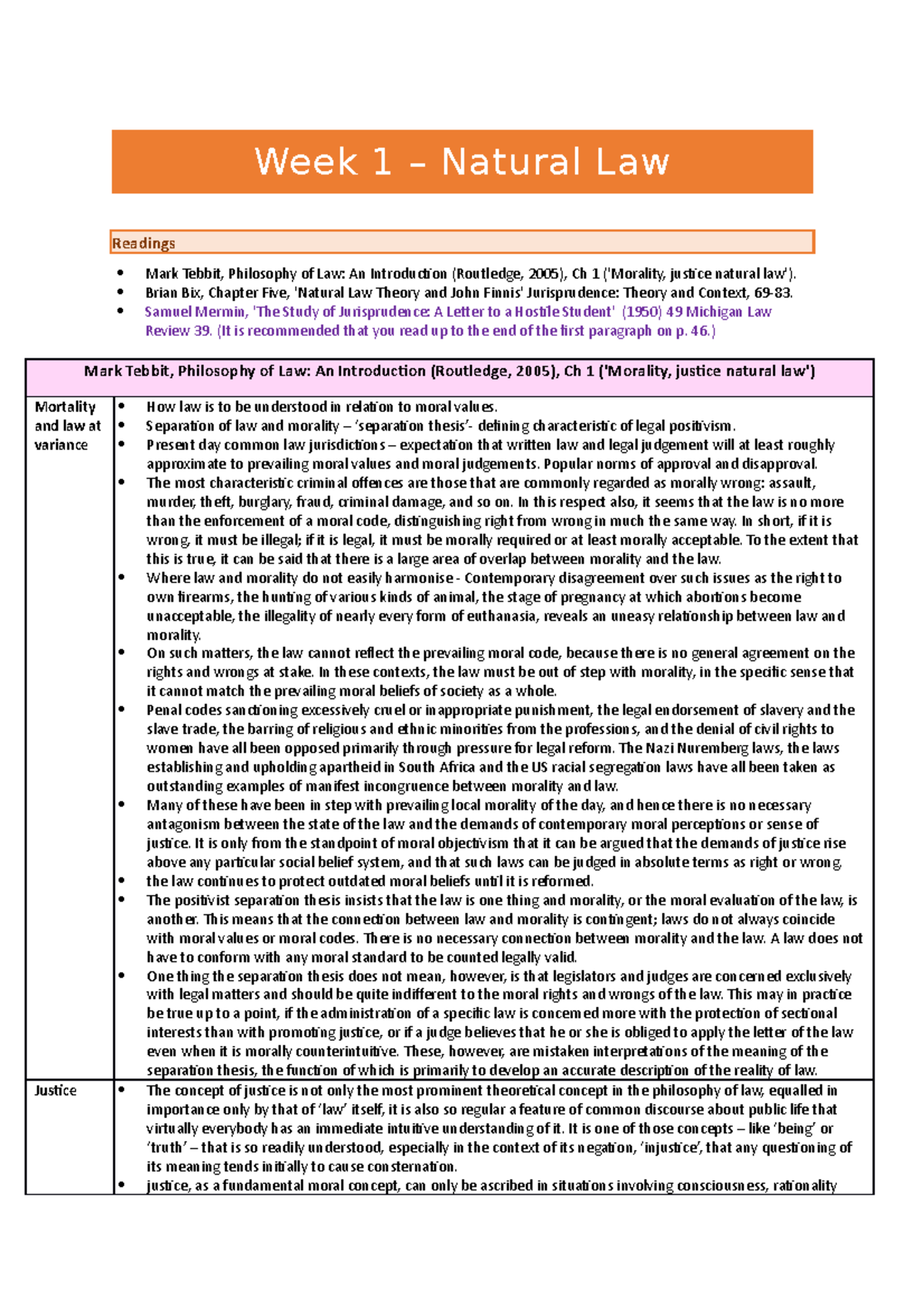 Jurisprudence - Week 1 - Week 1 – Natural Law Readings Mark Tebbit ...