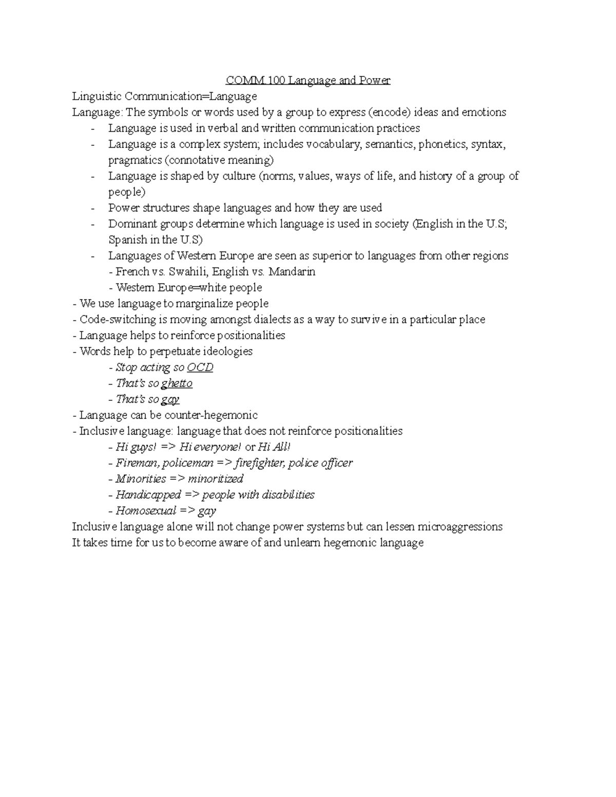 COMM.100 Language and Power - COMM Language and Power Linguistic Communication=Language Language ...