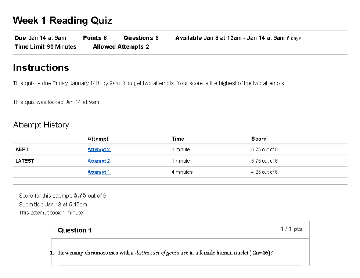 Week 1 Reading Quiz BIOL 234 201 202 2021W2 Fundamentals of Genetics ...