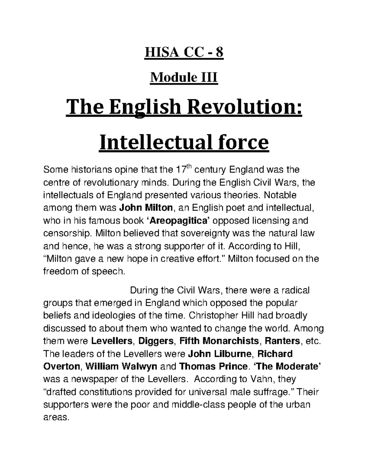 The English Revolution Intellectual force - HISA CC - 8 Module III The ...