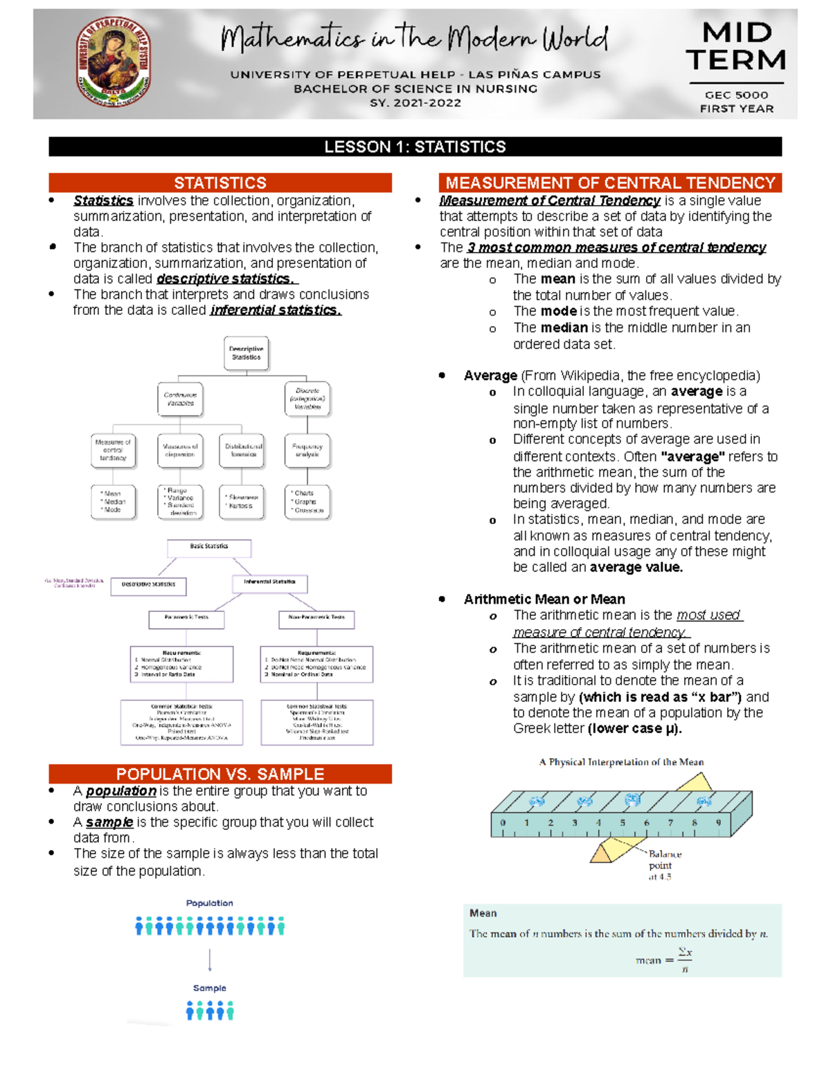 MMW Reviewer Prelim - LESSON 1: STATISTICS STATISTICS Statistics ...