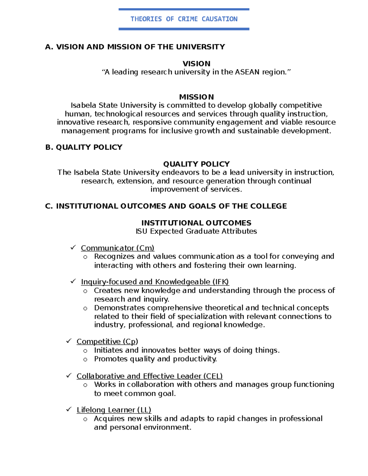 Theories-Final-Module - A. VISION AND MISSION OF THE UNIVERSITY VISION ...