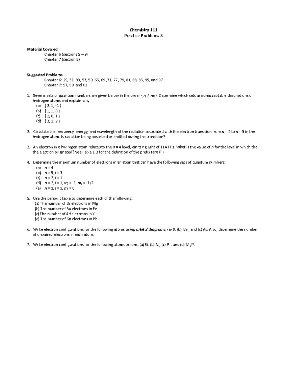 Practice Problems 1 - Chemistry 111 Practice Problems 8 Material ...