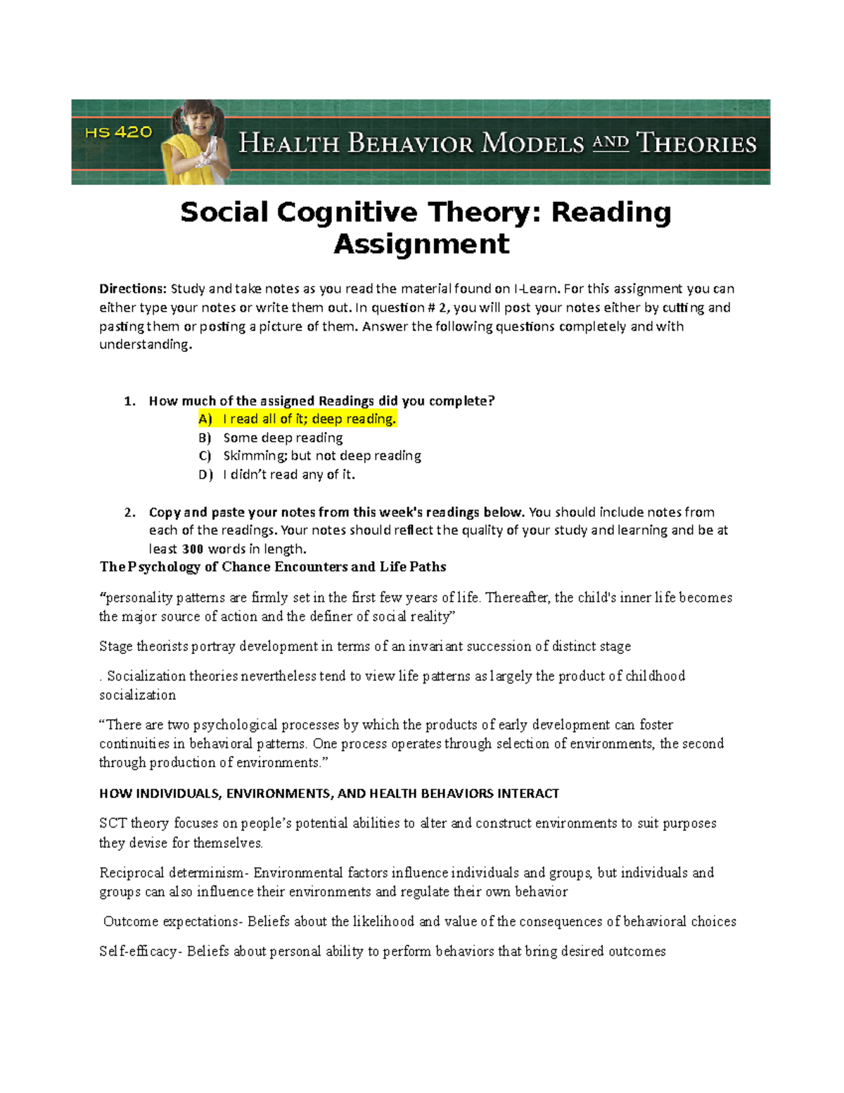 Hs420 document w11worksheet Update - Social Cognitive Theory: Reading ...