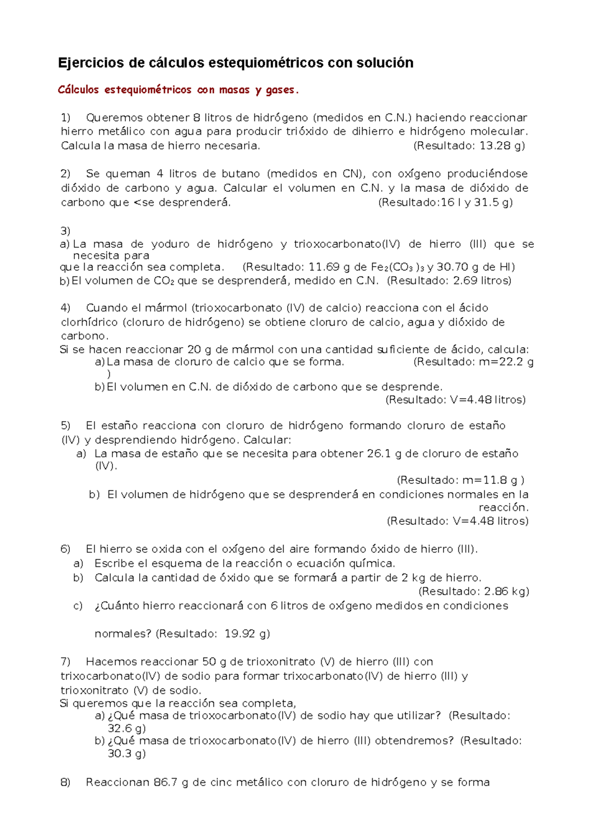 Ejercicios DE Estequiometria - Ejercicios de cálculos estequiométricos con solución Cálculos ...