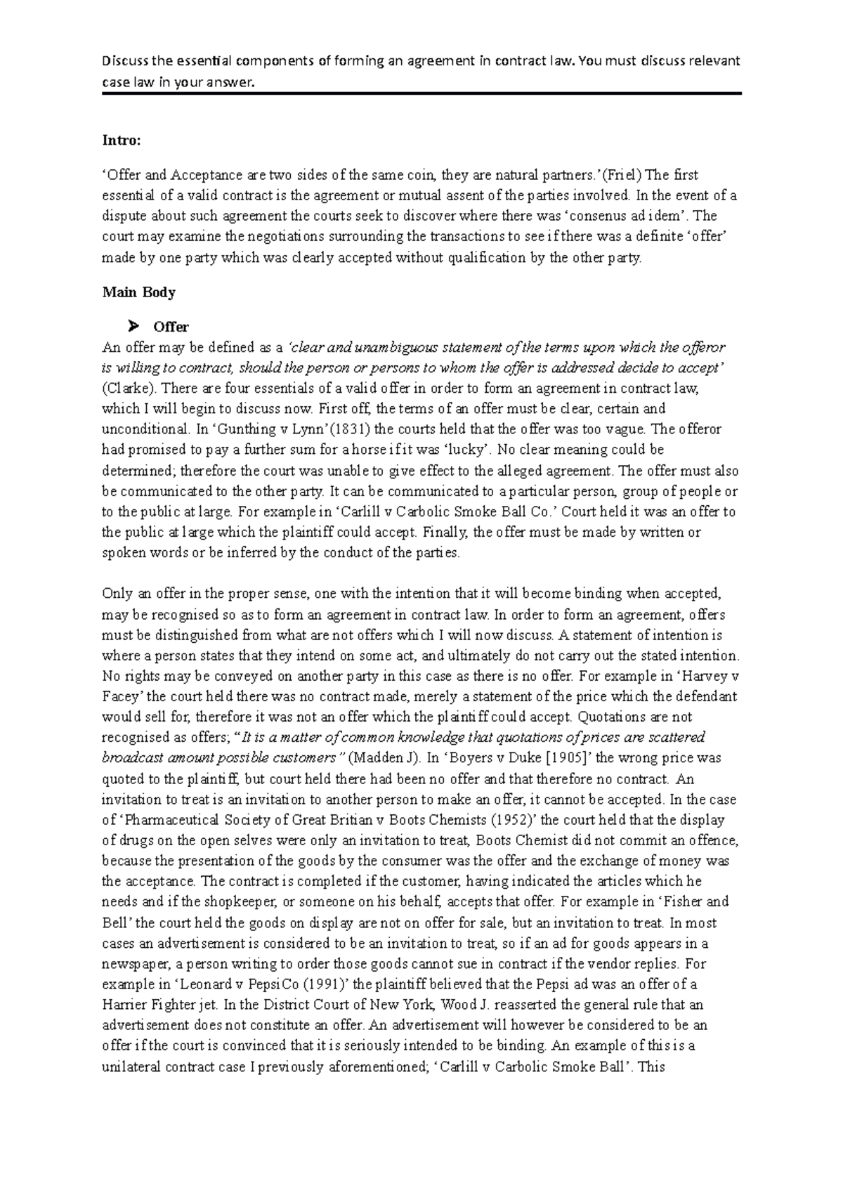 Agreement- Essay Answer CG - Discuss the essential components of ...