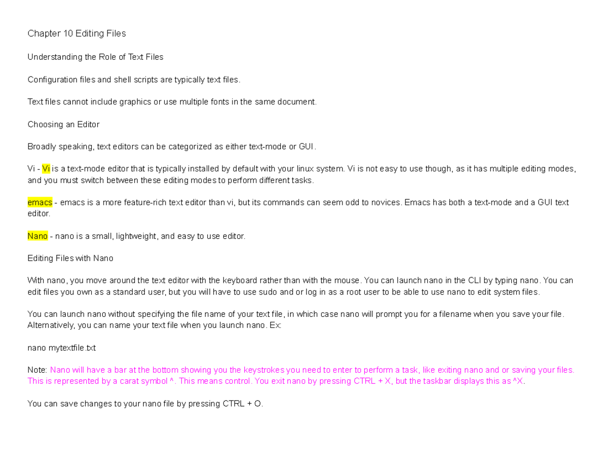 Linux Foundations Chapter 10 - Chapter 10 Editing Files Understanding the Role of Text Files ...