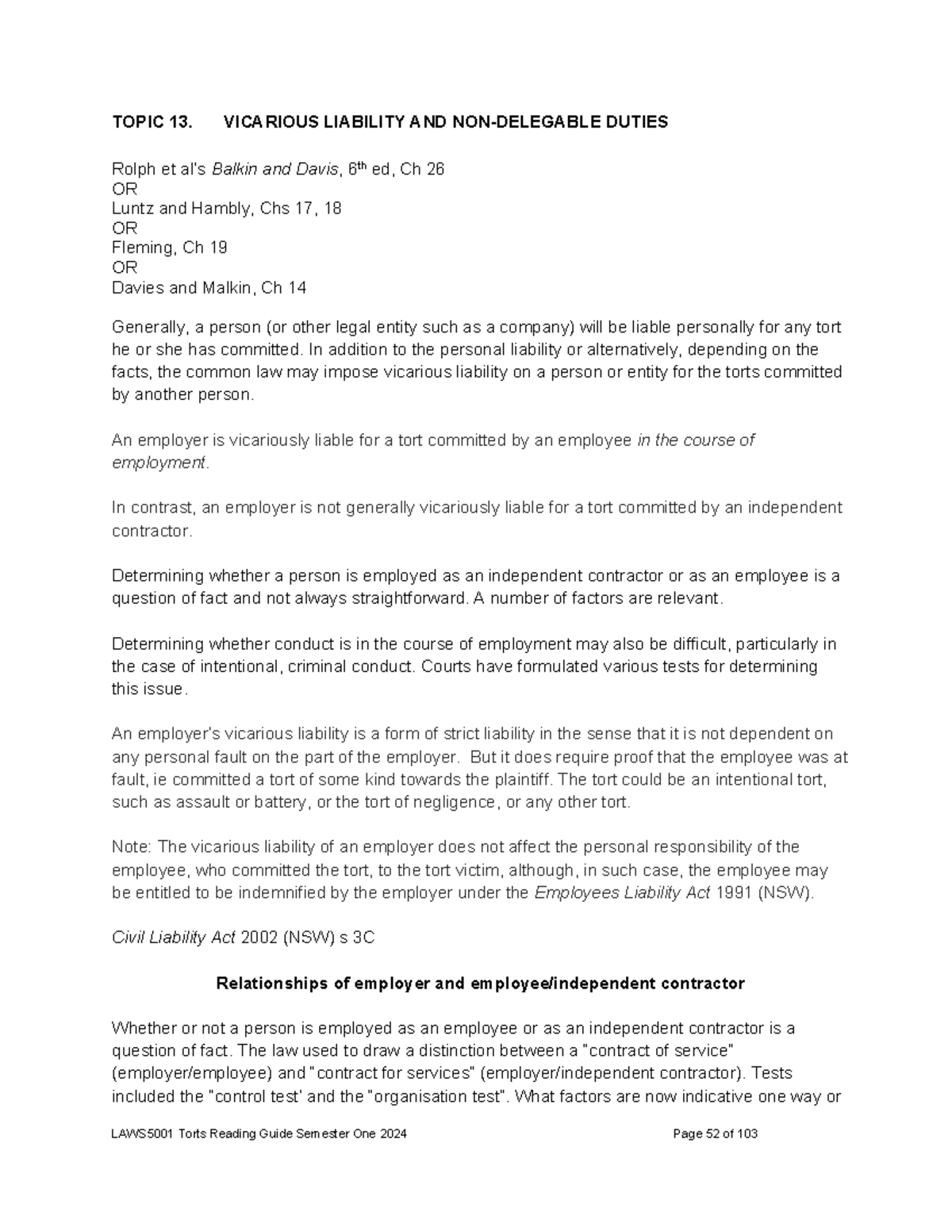 Torts - Reading Guide - TOPIC 13. VICARIOUS LIABILITY AND NON-DELEGABLE ...